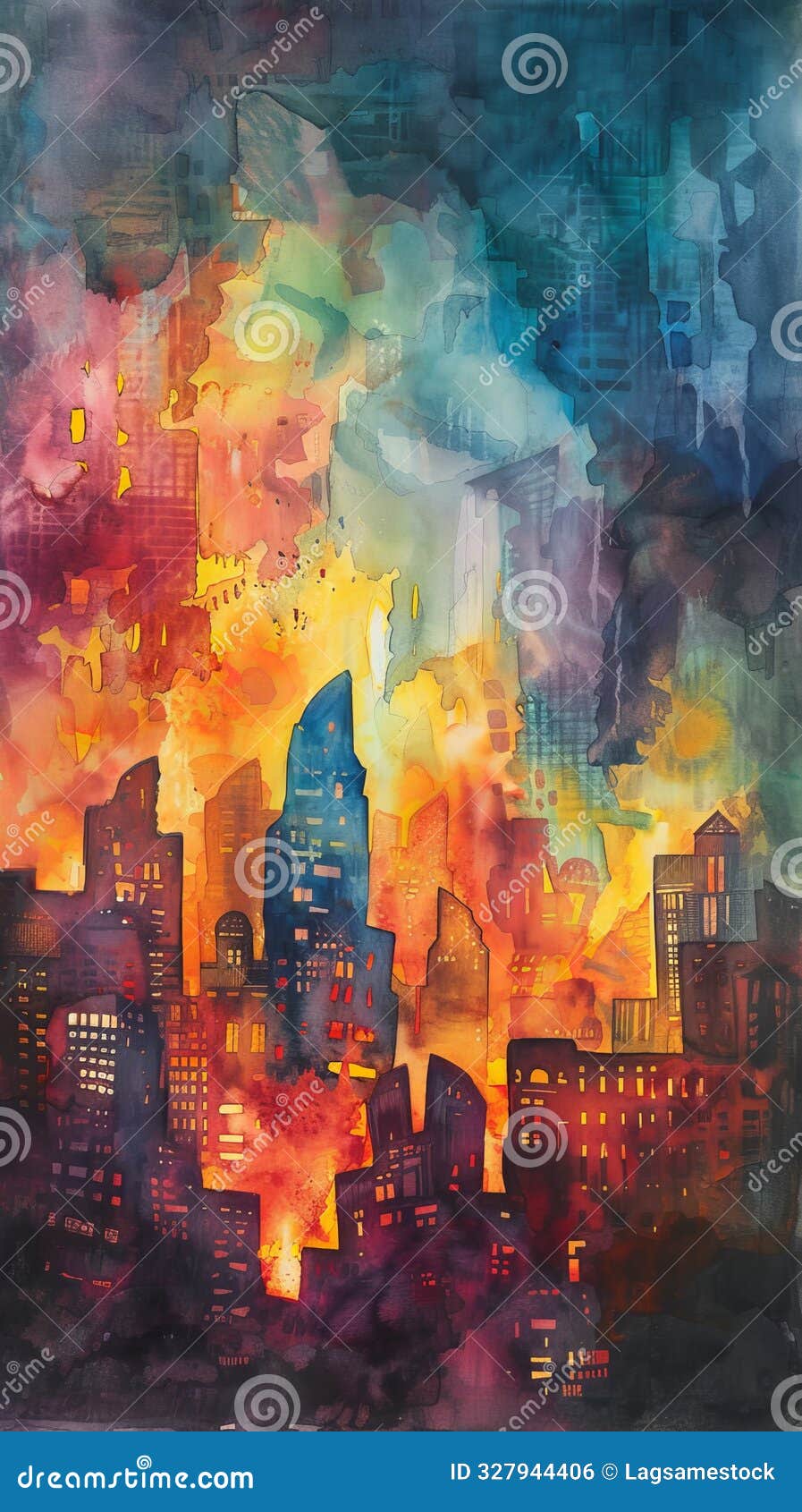 Watercolor Depiction of an Abstract Distorted Cityscape Stock ...