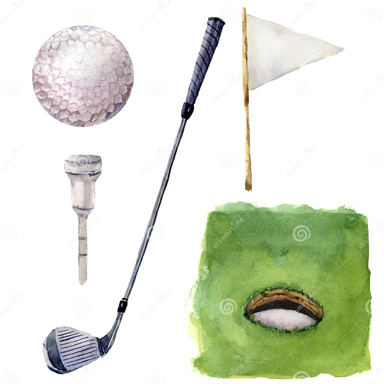 Watercolor Different Golf Elements Set Golf Illustration With Hole