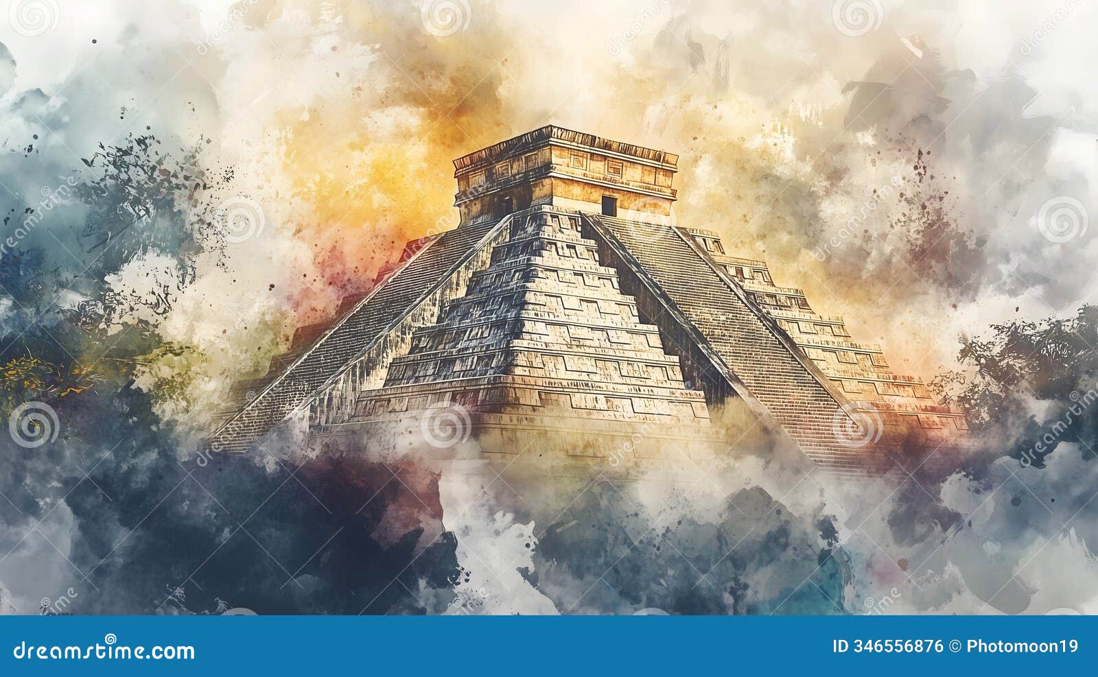 Watercolor The Pyramid Of Kukulcan In The Mexican City Of Chichen Itza ...