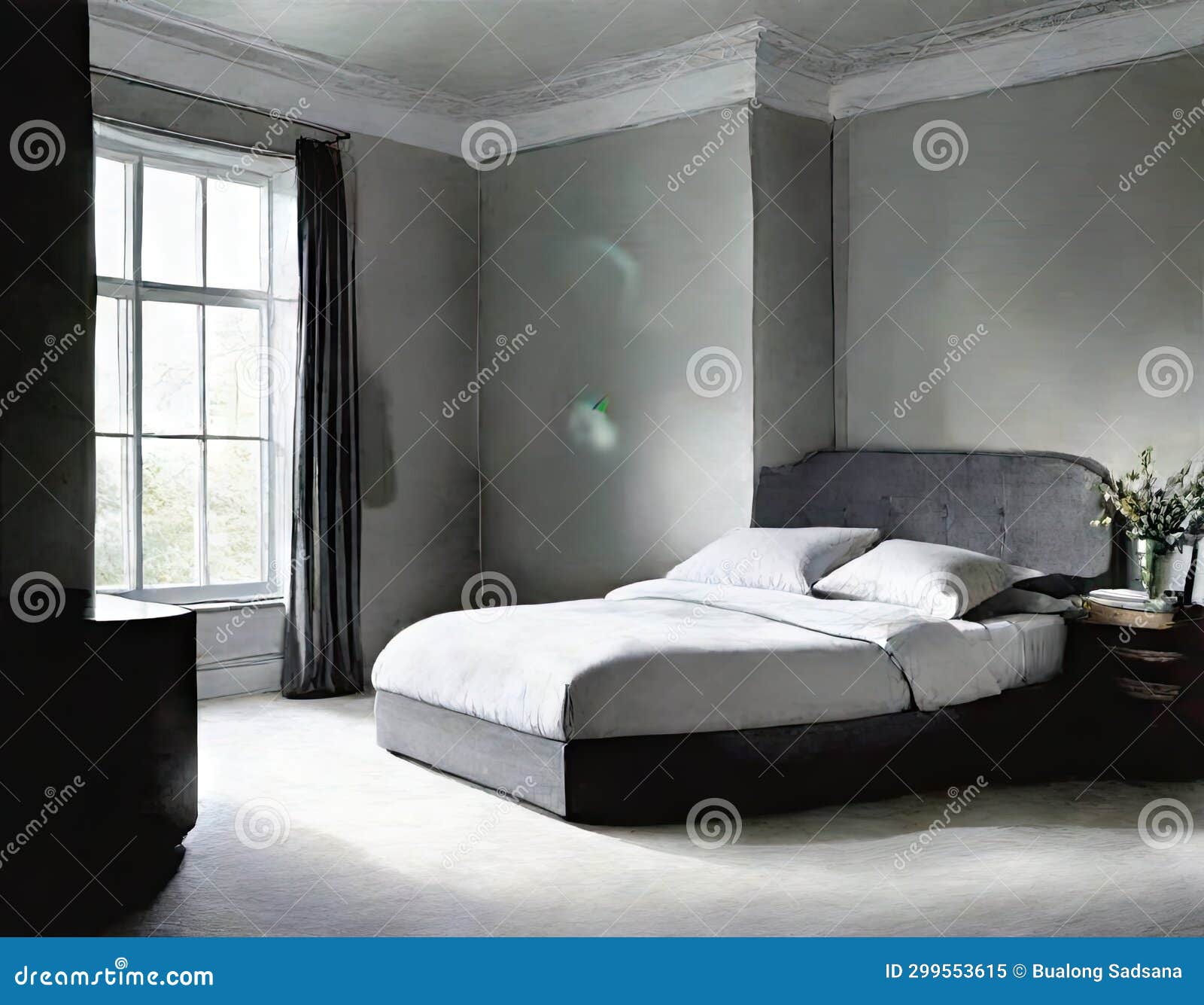 Watercolor of a Dim Grey Bedroom with Stock Illustration - Illustration ...