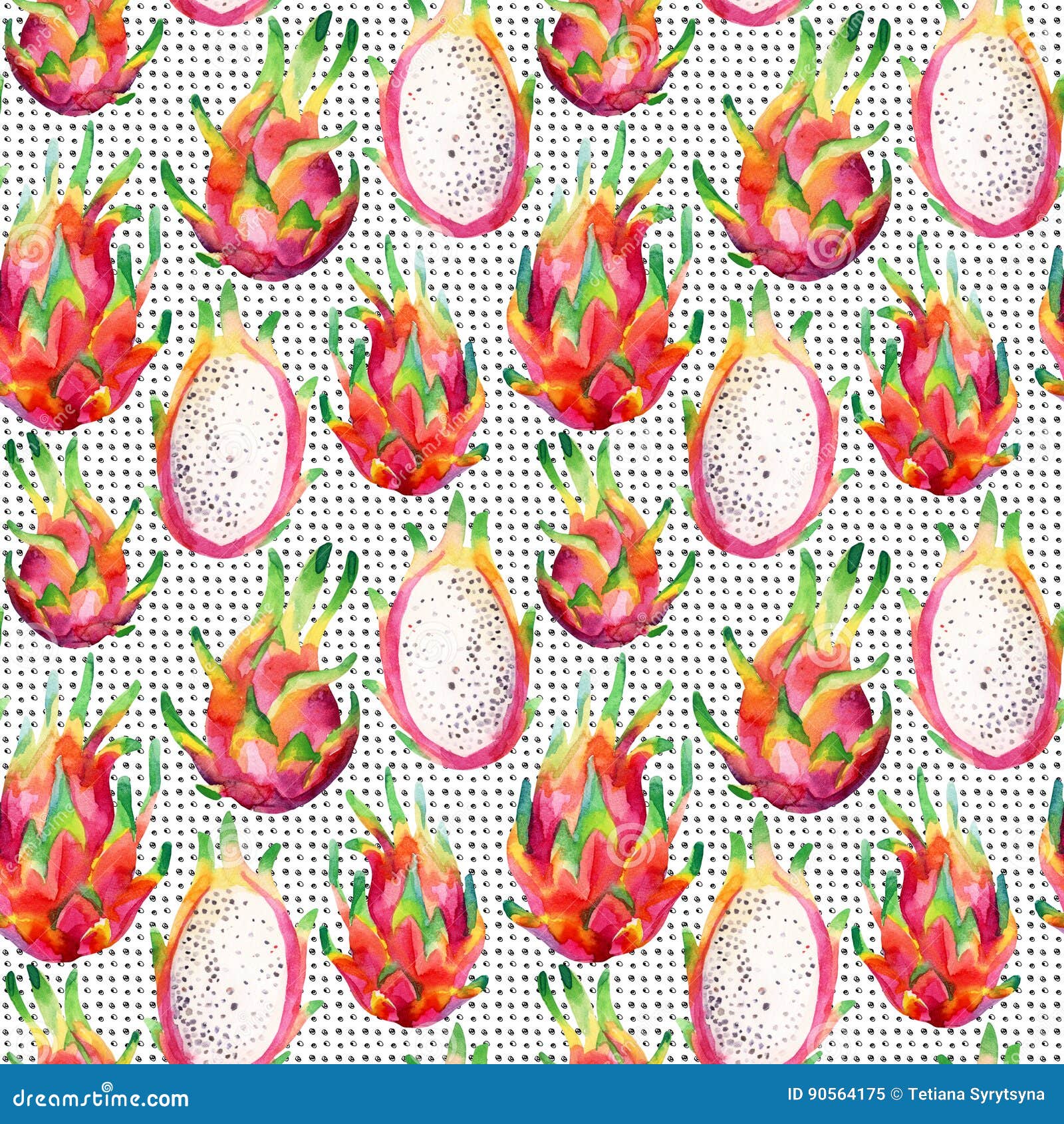 Watercolor Dragon Fruit Seamless Pattern on Doodle Background Stock ...