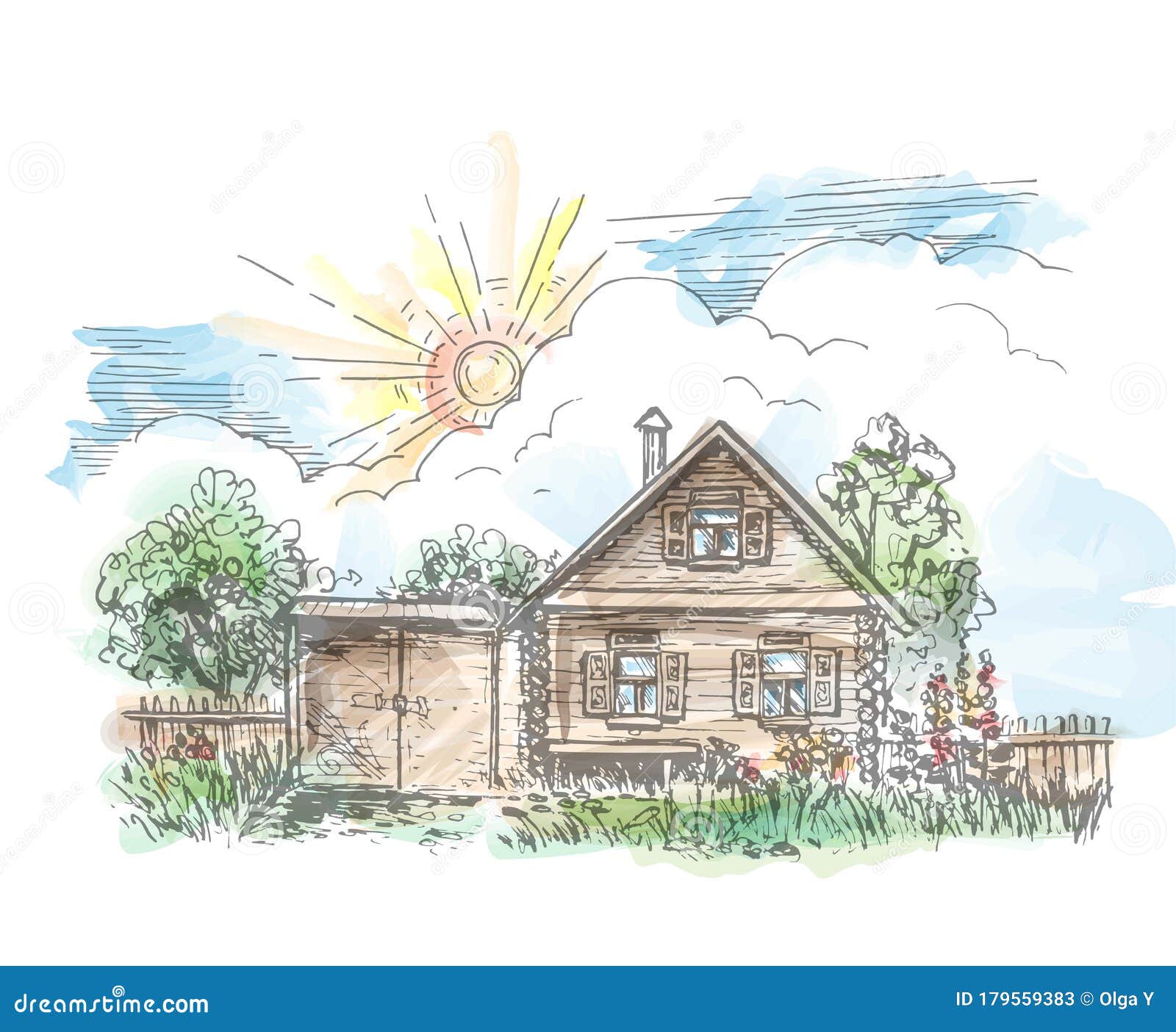 Watercolor Drawing of a Beautiful Rustic Log House with Greenery Around ...