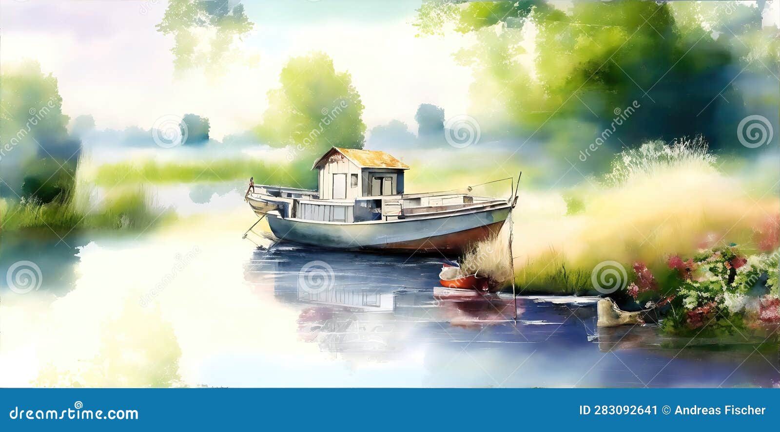 Watercolor Drawing, Boat on the River on a Summer Day. Stock ...