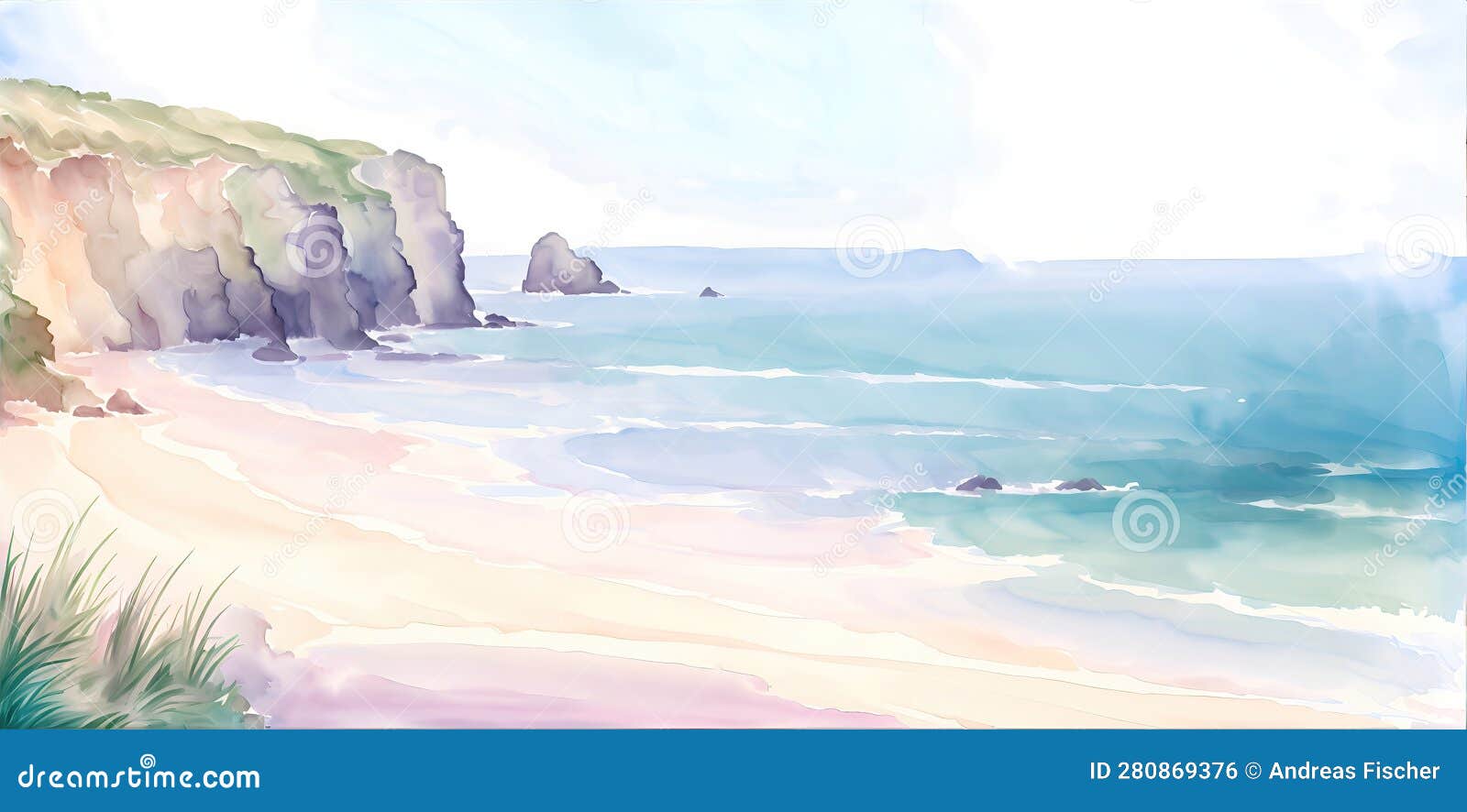 Watercolor Drawing of the Coast with Rocks. Stock Illustration ...