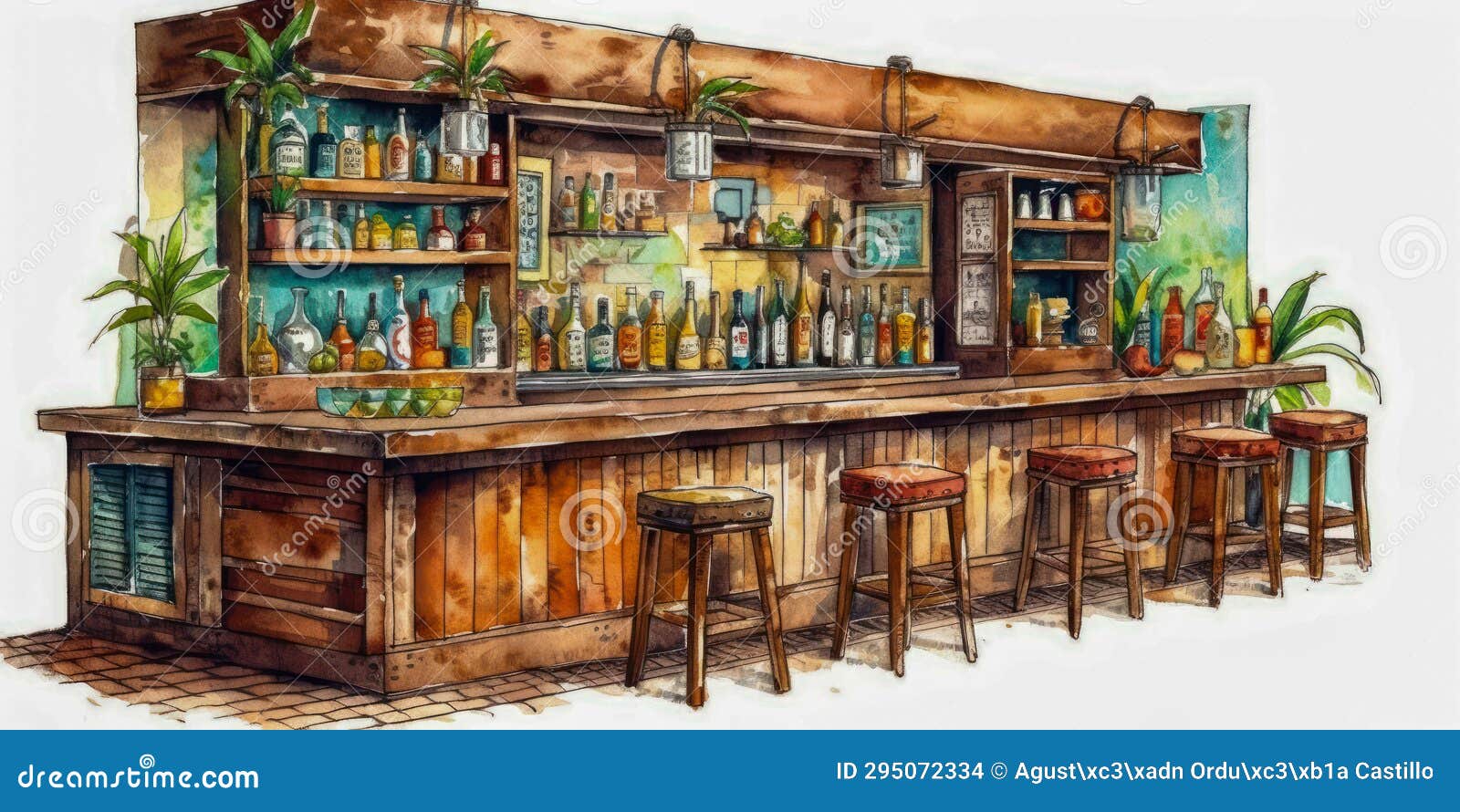 Watercolor Drawing of the Interior of a Bar. Stock Illustration ...