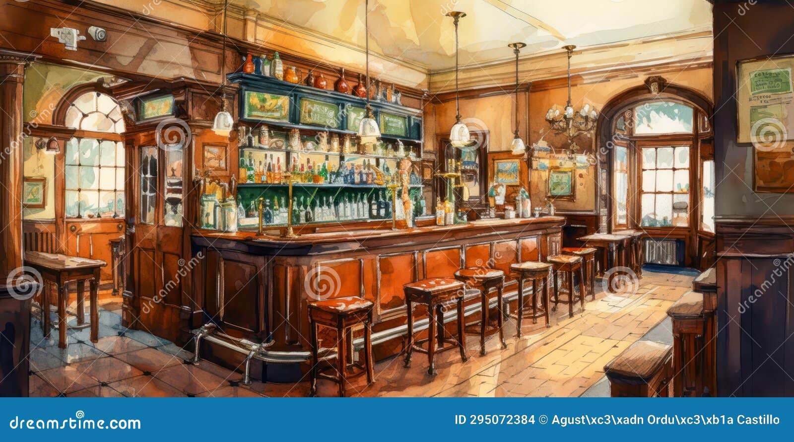 Watercolor Drawing of the Interior of a Bar. Stock Illustration ...