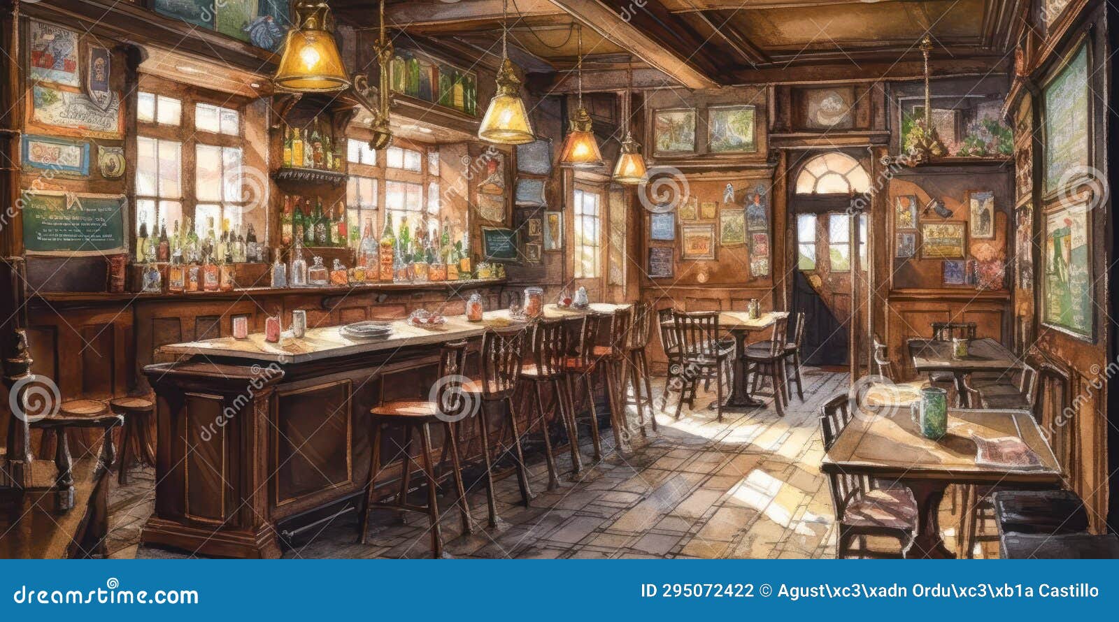 Watercolor Drawing of the Interior of a Bar. Stock Illustration ...