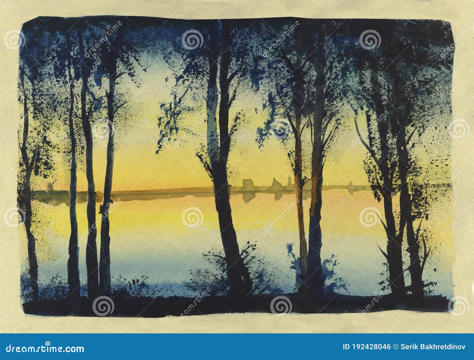Watercolor Drawing of Lake at Sunset and Trees. Stock Photo - Image of ...
