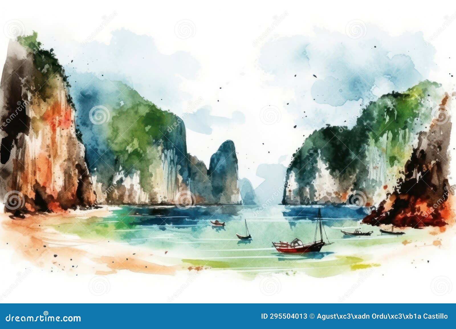 Watercolor Drawing of Maya Bay Beach in Thailand. Generative AI. Stock ...