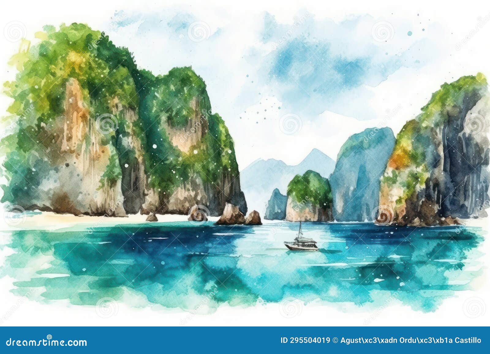 Watercolor Drawing of Maya Bay Beach in Thailand. Generative AI. Stock ...