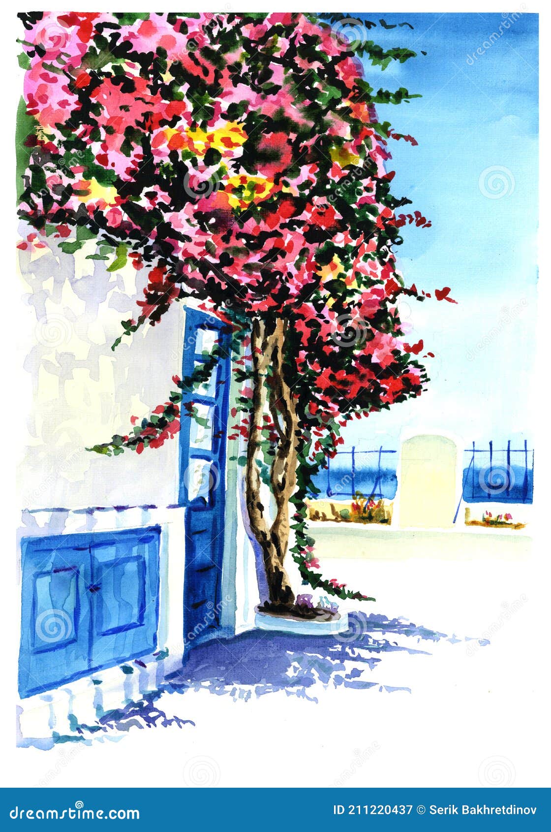Watercolor Drawing of a Mediterranean House with a Blooming Mahogany ...
