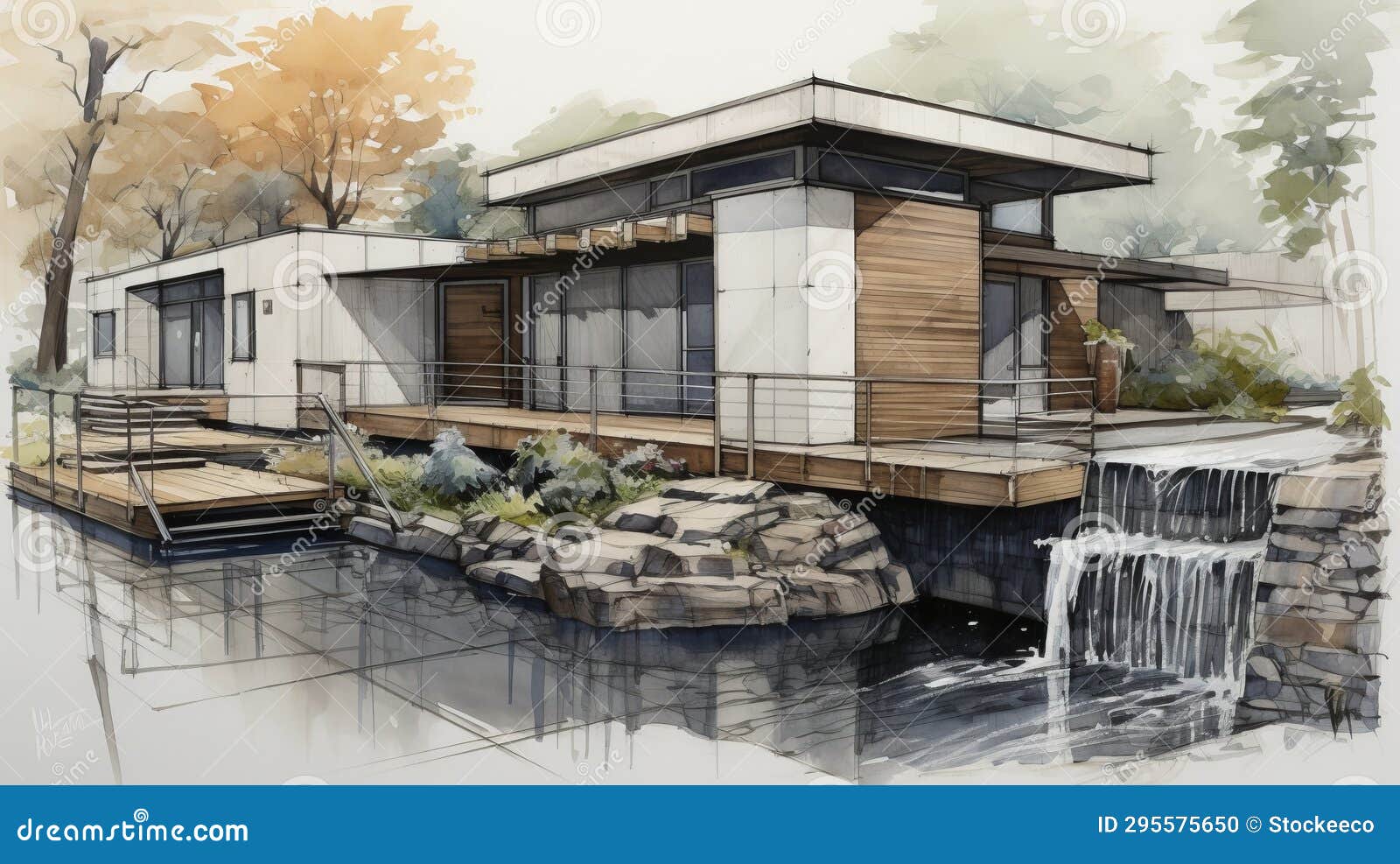 Watercolor Drawing of Modern Home with Falling Water and Trees Stock ...