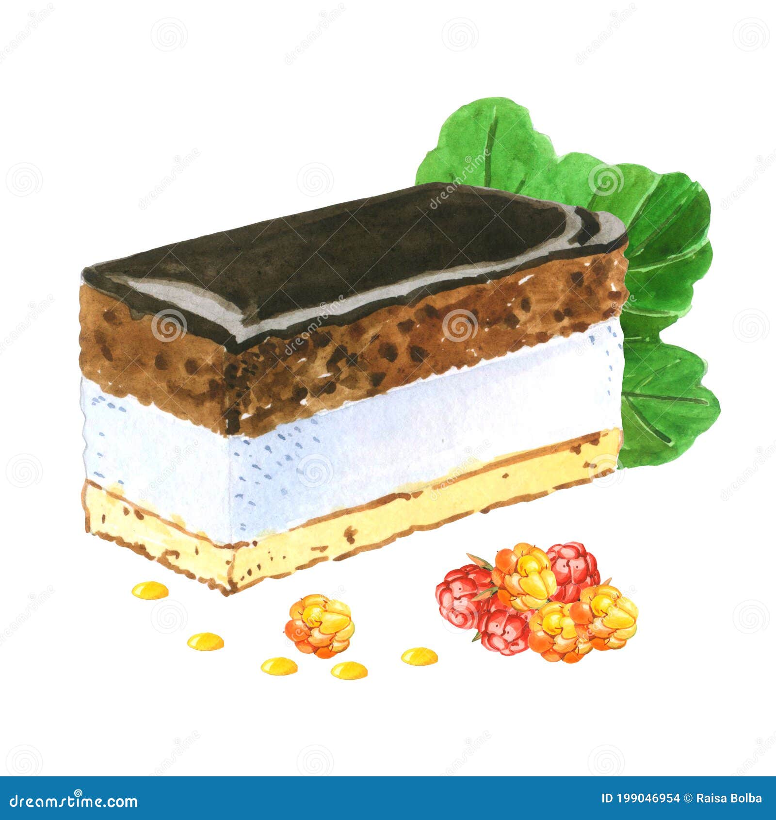 Watercolor Drawing of a Mousse Cake with Chocolate Icing and ...