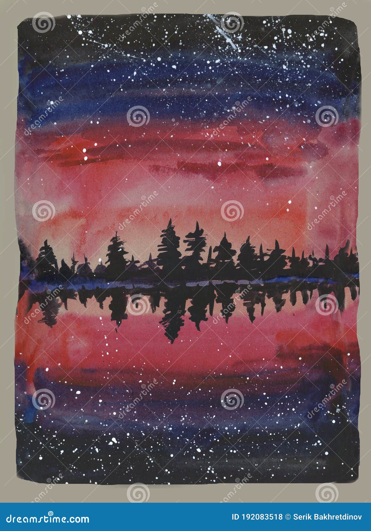 Watercolor Drawing of Night Starry Sky and Forest Reflected in the ...