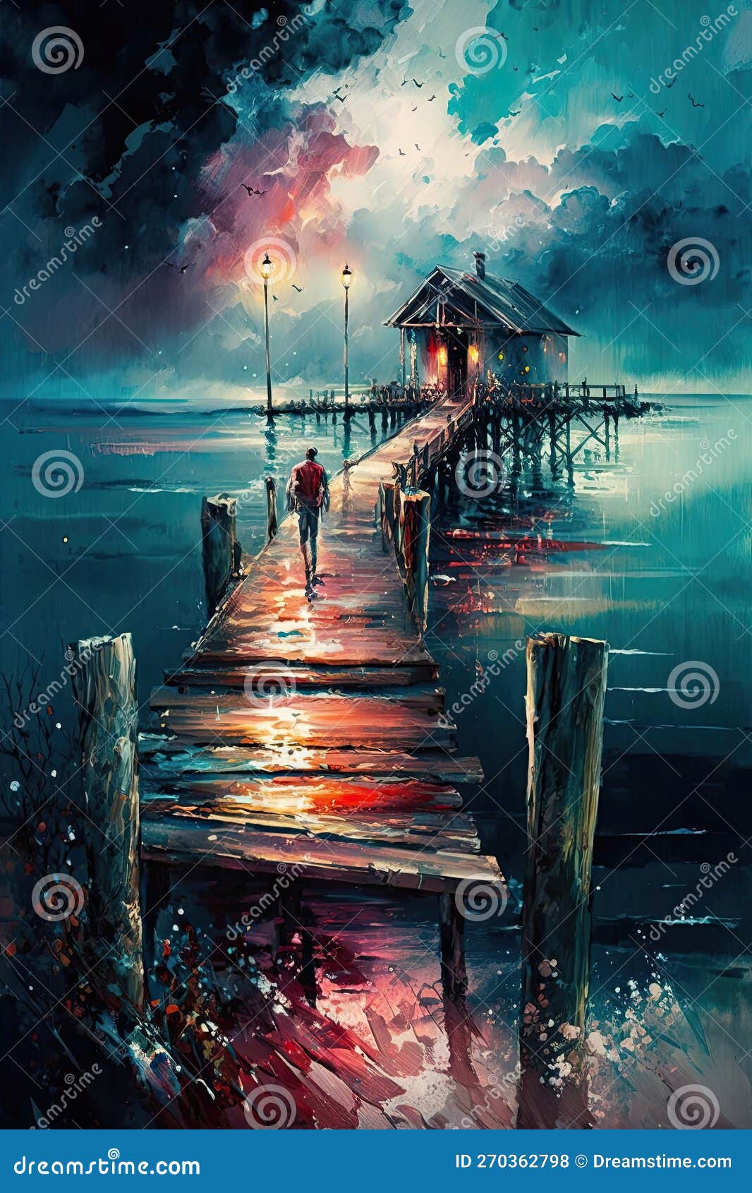 Watercolor Drawing of a Pier in the Night Stock Illustration ...