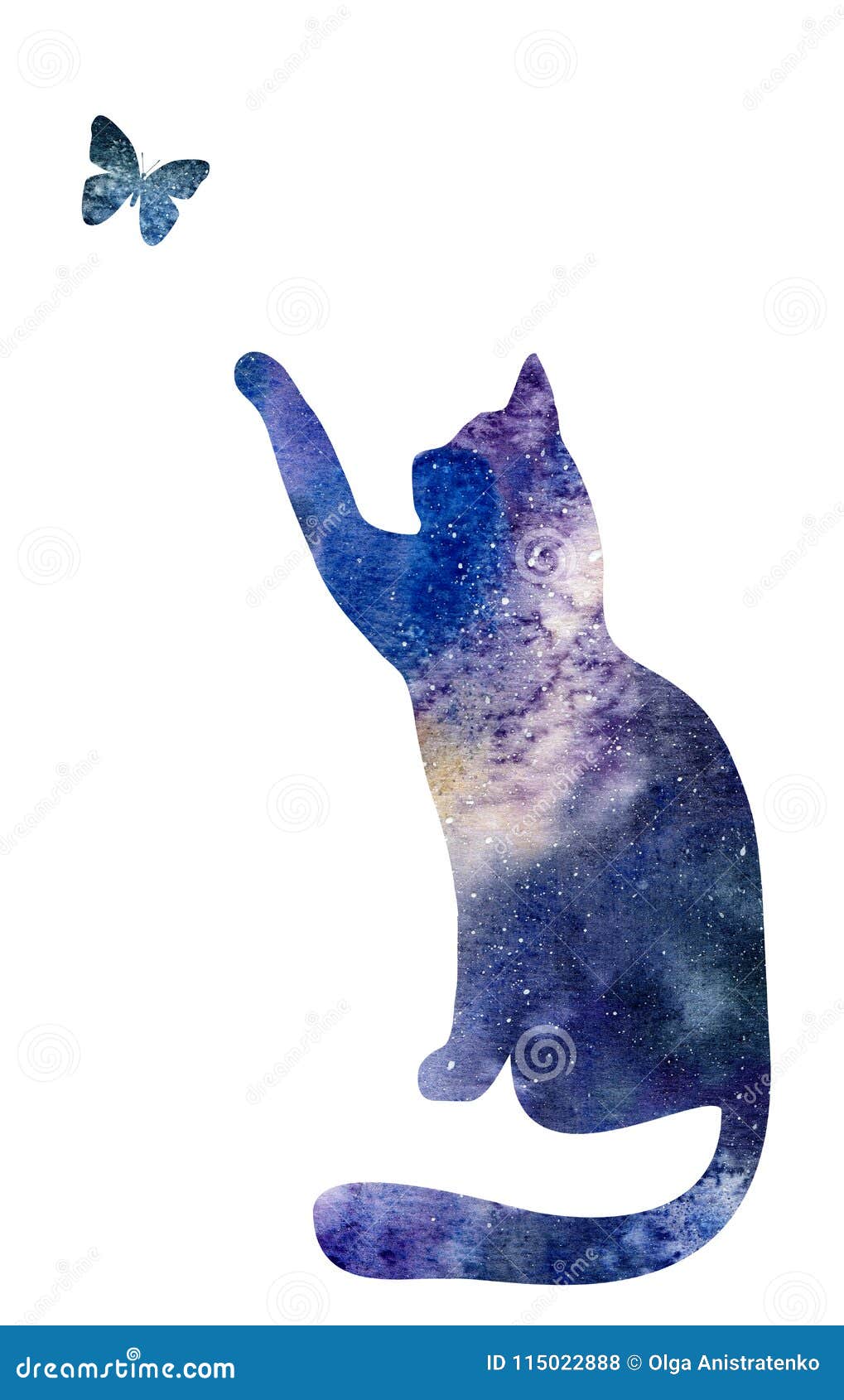 Watercolor Drawing of Space in a Cat and a Butterfly Stock Illustration ...