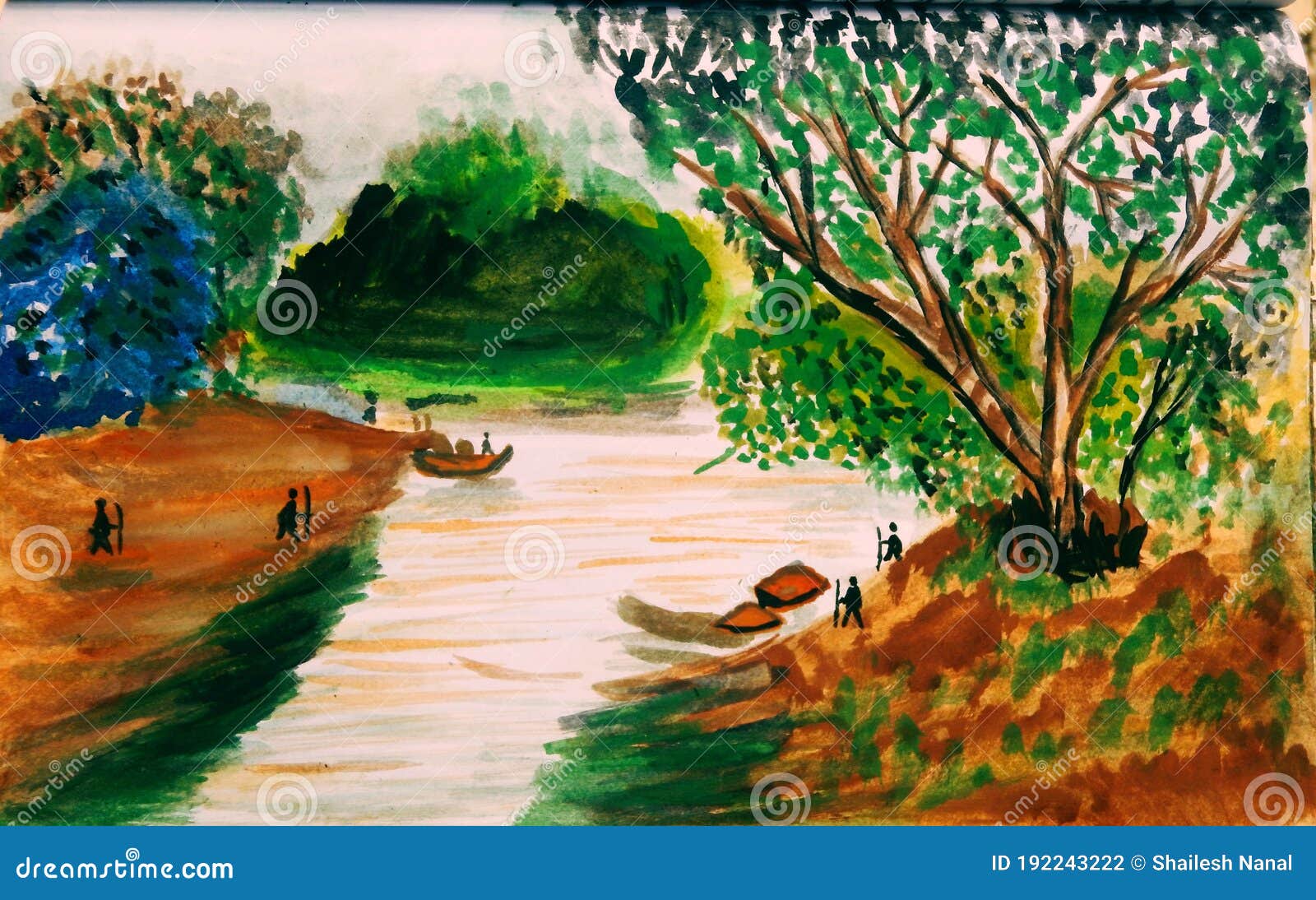 Streamside landscape scene stock illustration. Illustration of river ...
