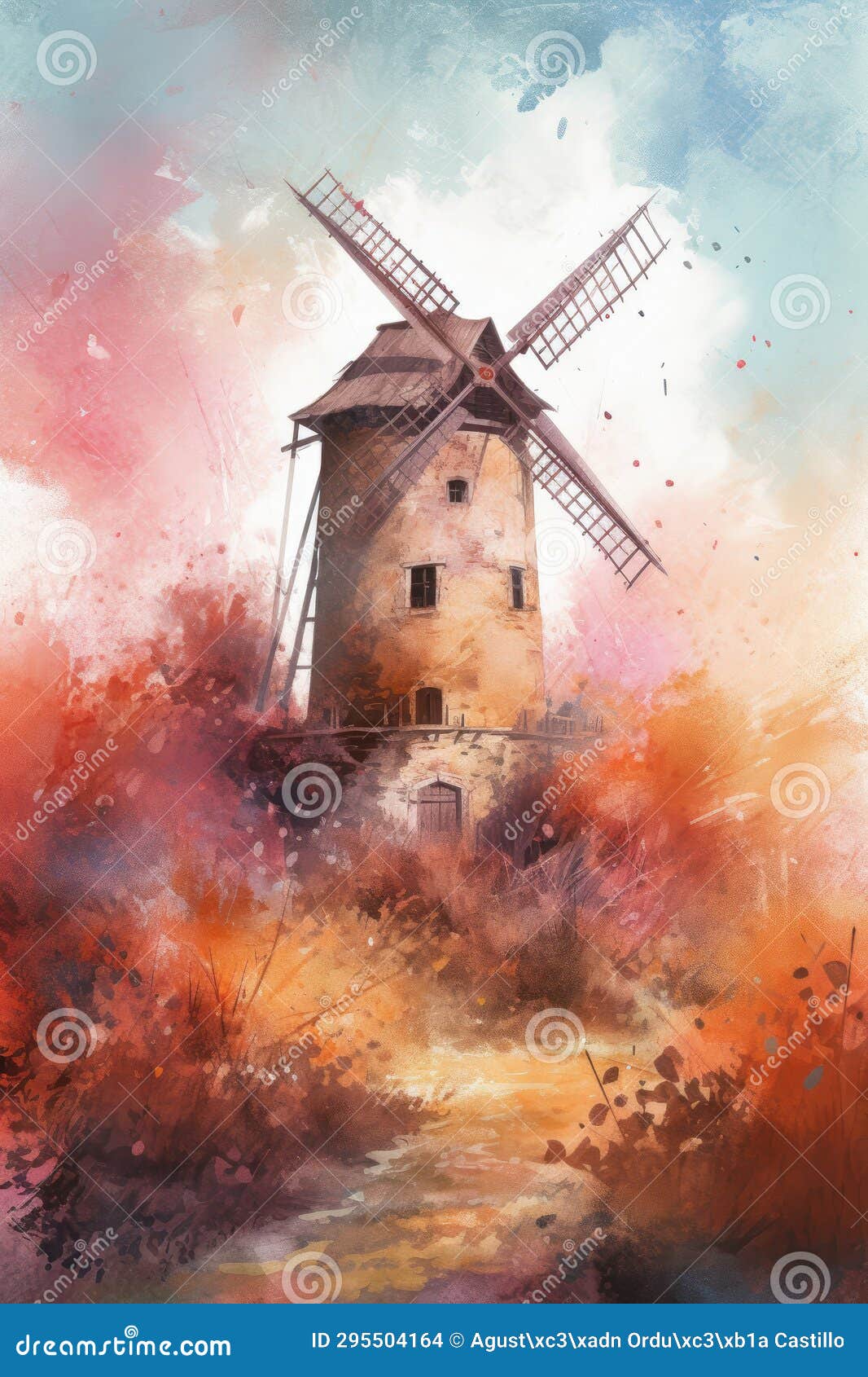 Watercolor Drawing of a Windmill. Generative AI. Stock Illustration ...