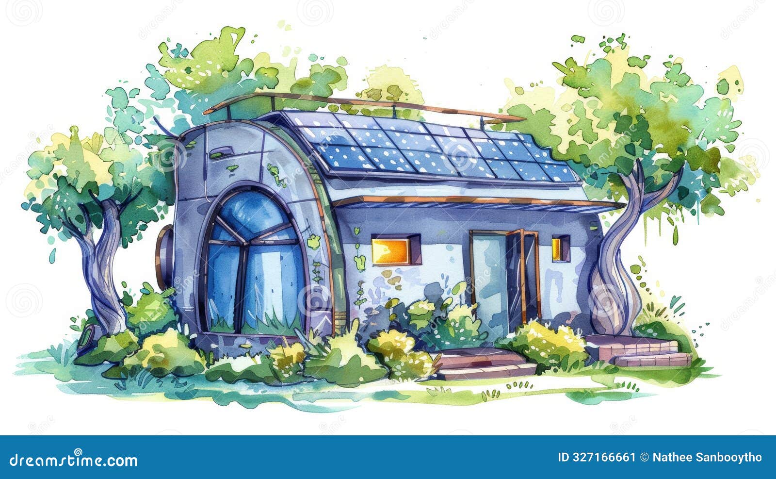 Watercolor Eco-Friendly House with Solar Panels Stock Illustration ...
