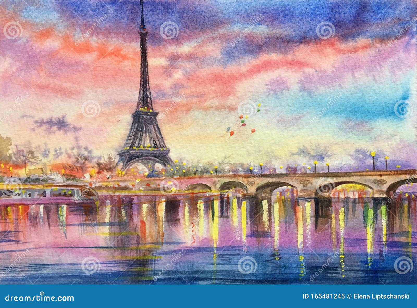 Watercolor Eiffel Tower in Paris France. Sunset in Paris. Landscape ... Watercolor Eiffel Tower in Paris France. Sunset in Paris. Landscape ...