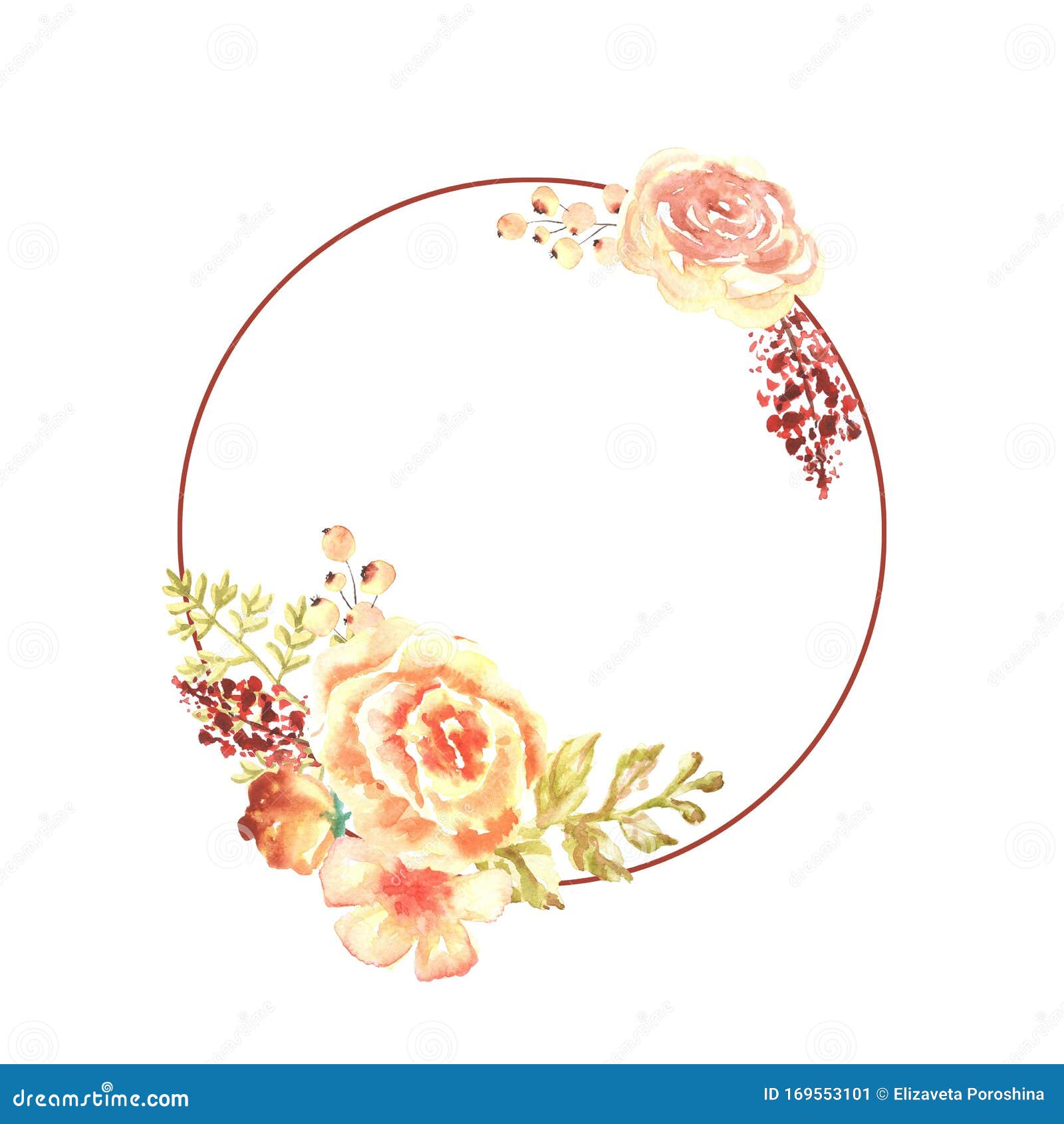 Watercolor Elegant Circle Orange Frame with Flowers Isolated on White ...