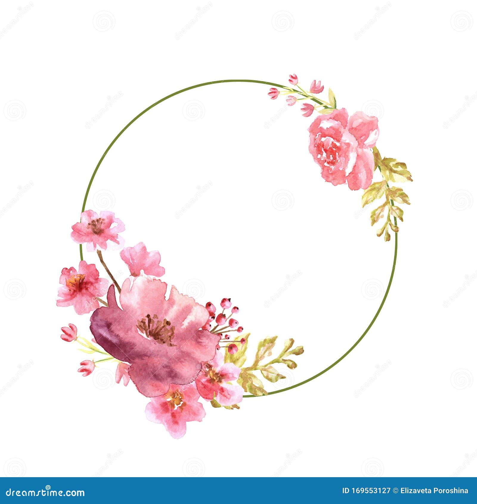 Watercolor Elegant Circle Pink Frame with Flowers Isolated on White ... Watercolor Elegant Circle Pink Frame with Flowers Isolated on White ...