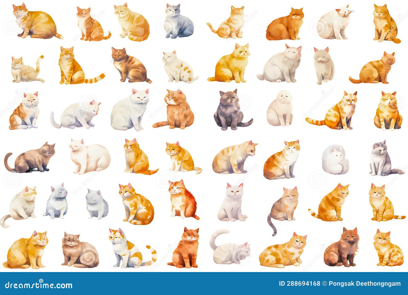 Watercolor of Elements of Cats of Various Breeds in Cute Poses. Created ...