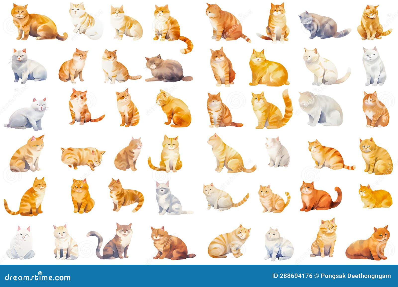 Watercolor of Elements of Cats of Various Breeds in Cute Poses. Created ...