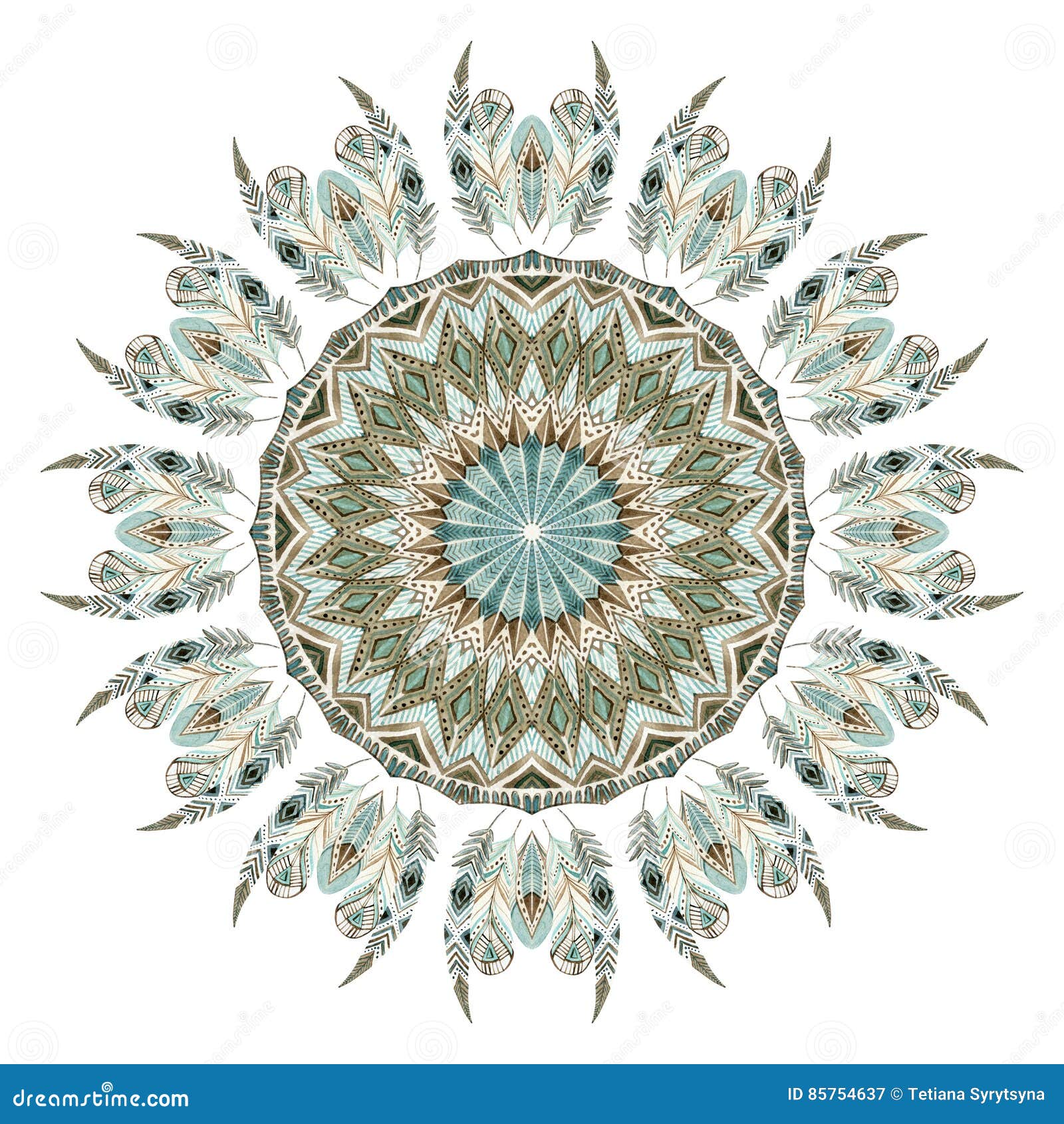Watercolor Ethnic Feathers Abstract Mandala. Stock Illustration ...