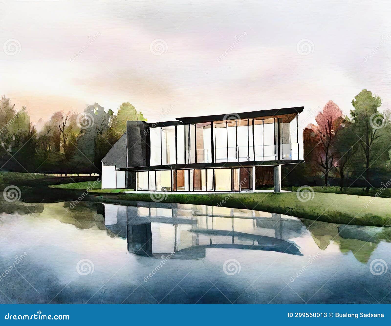 Watercolor of Evening Modern Riverfront House Stock Illustration ...