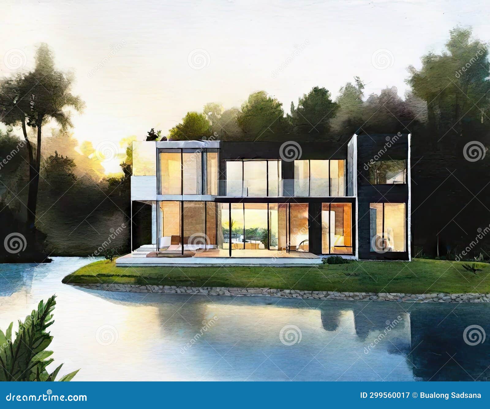 Watercolor of Evening Modern Riverfront House Stock Illustration ...