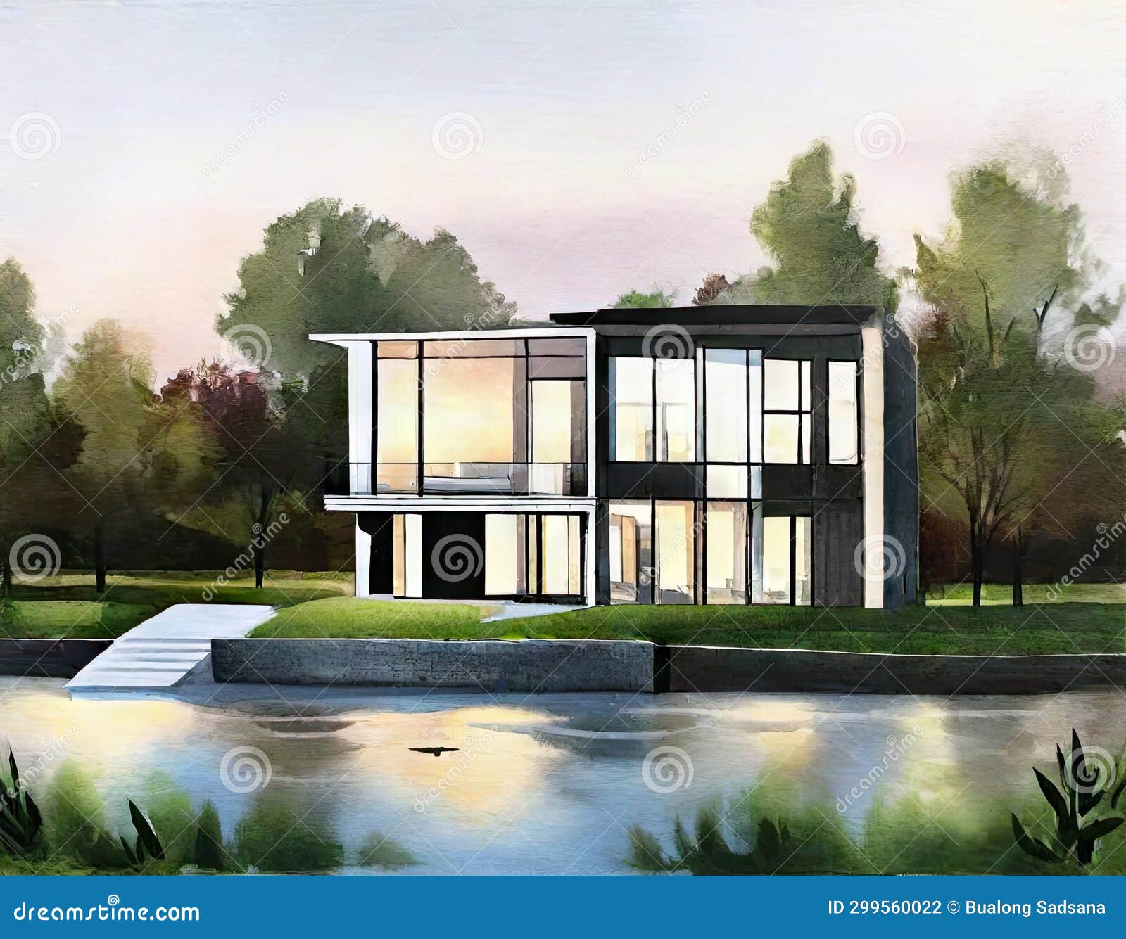 Watercolor of Evening Modern Riverfront House Stock Illustration ...