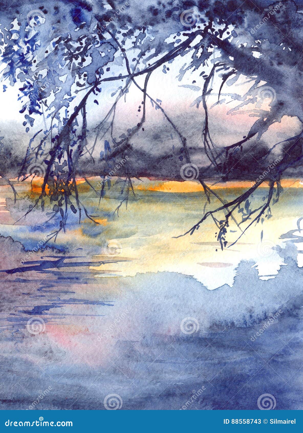 Watercolor Evening Sunset Tree Branches River Lake Landscape Stock ...