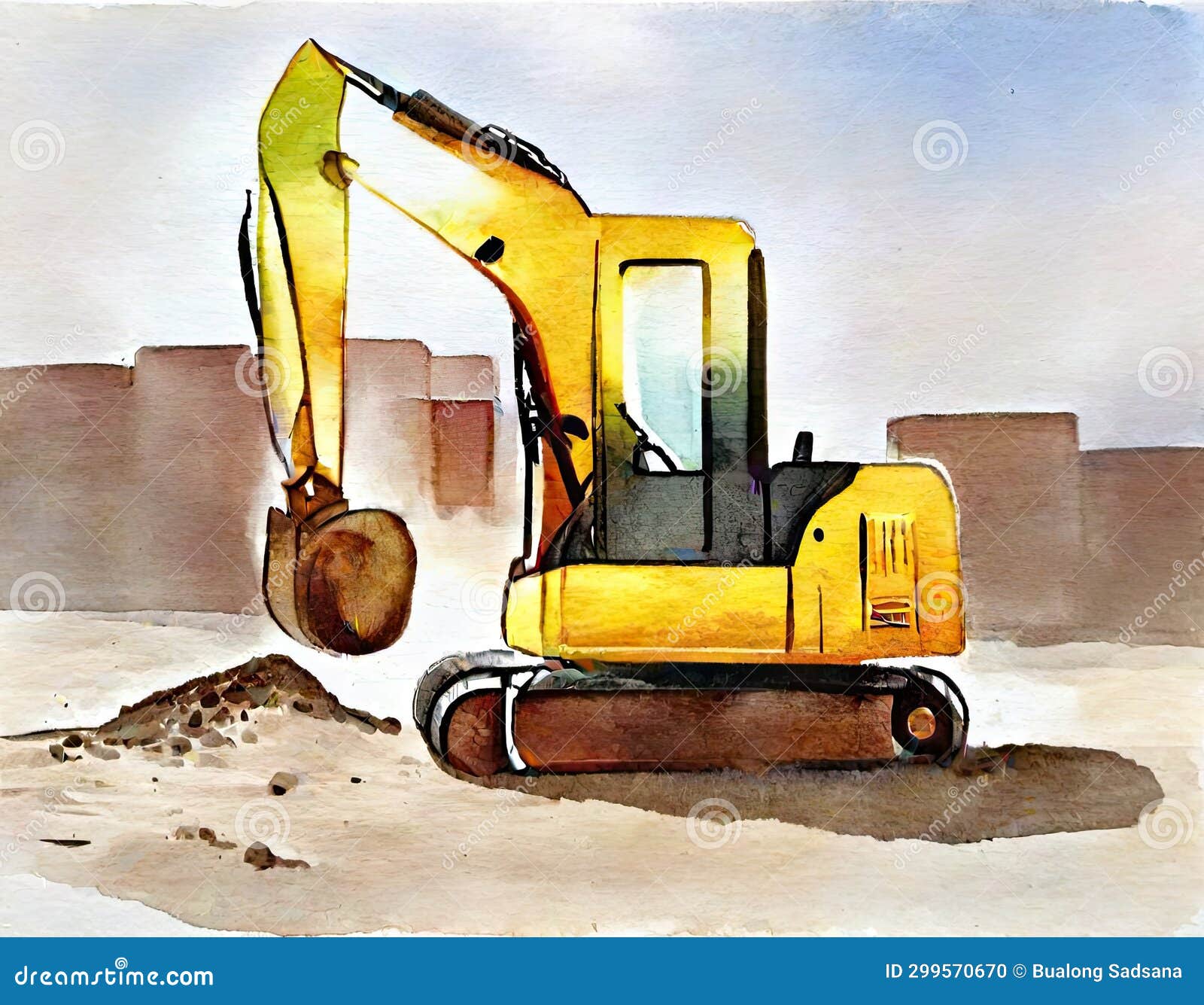 Watercolor of Excavator at Work on Construction Stock Illustration ...