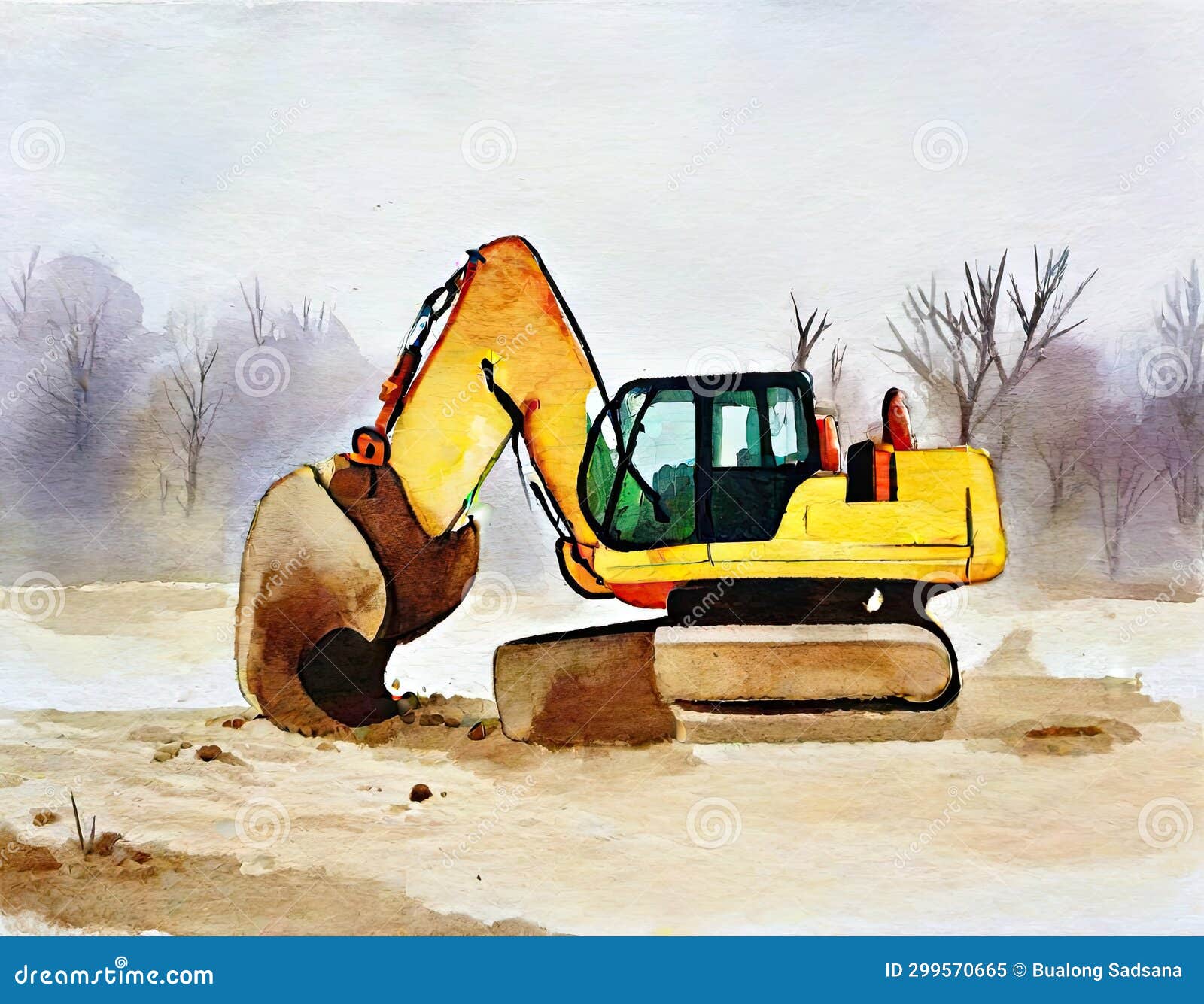 Watercolor of Excavator at Work on Construction Stock Illustration ...