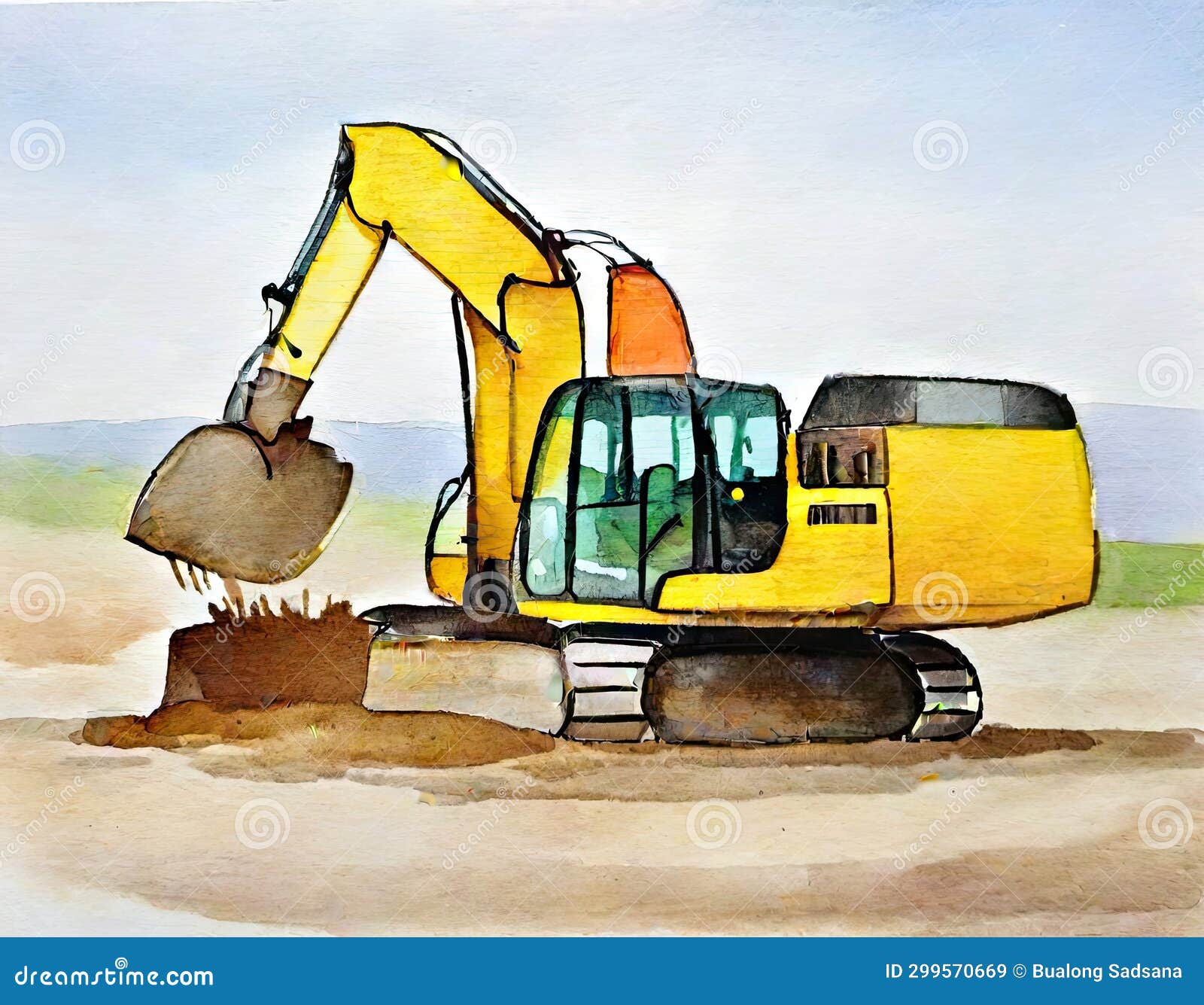 Watercolor of Excavator at Work on Construction Stock Illustration ...