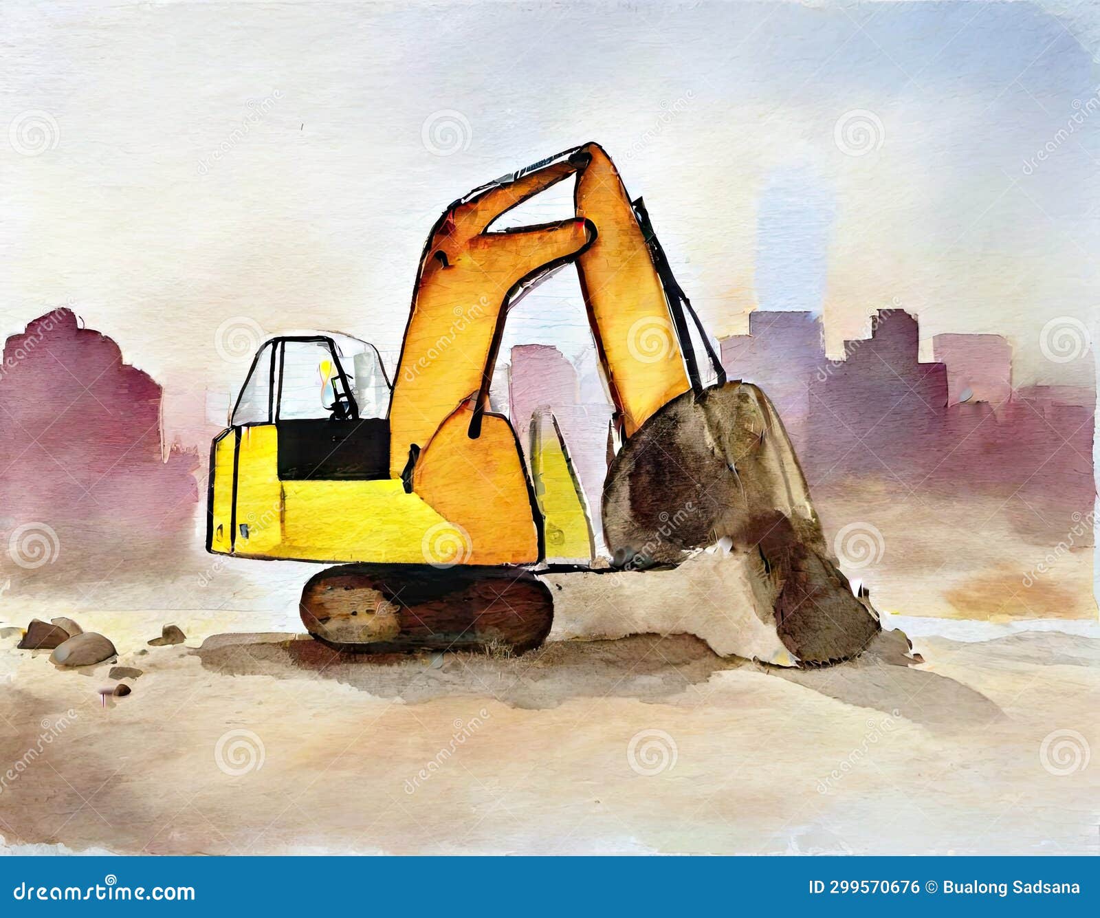 Watercolor of Excavator at Work on Construction Stock Illustration ...