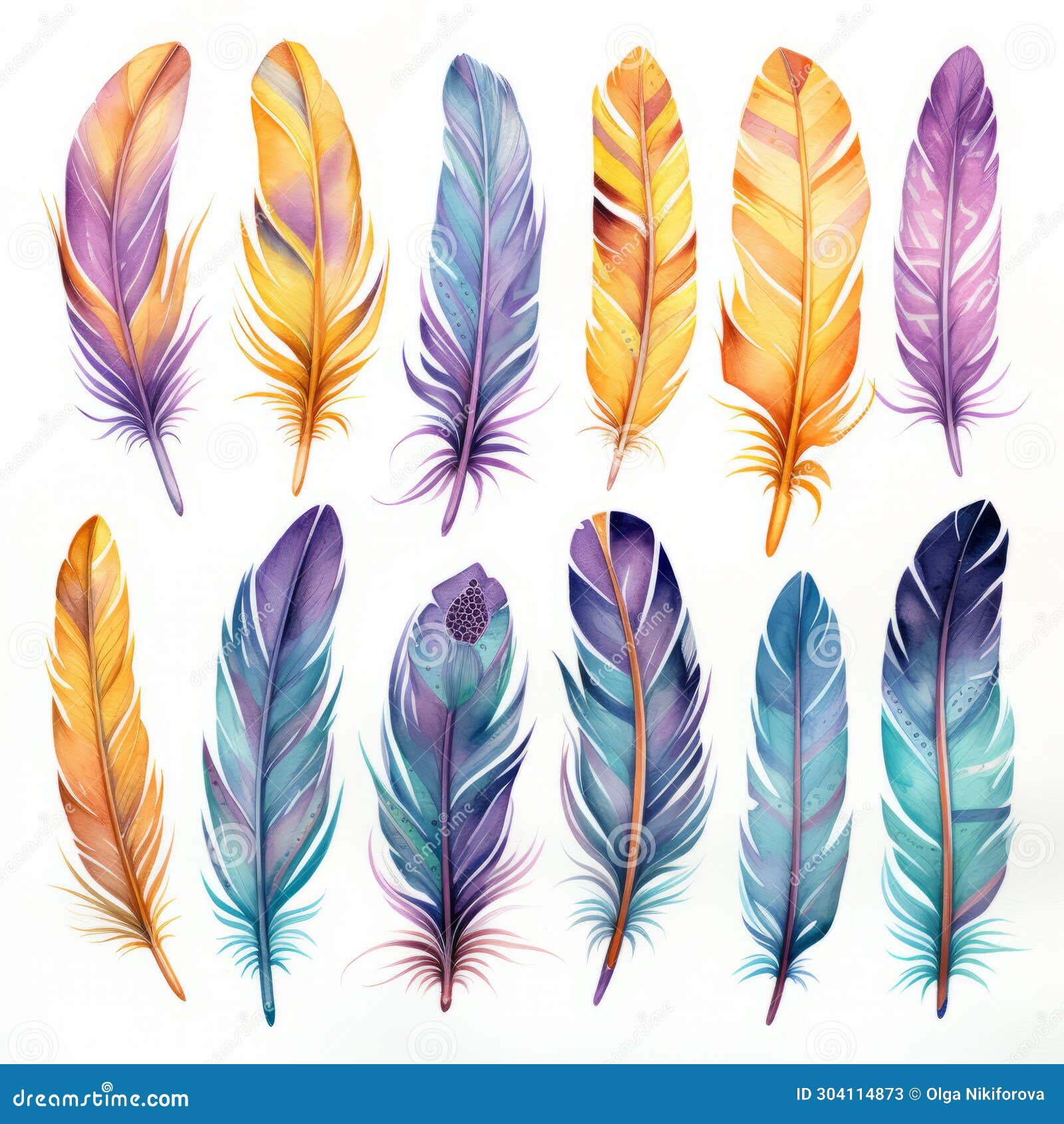 Watercolor Exotic Bird Feathers. Multi-colored Feathers Stock ...