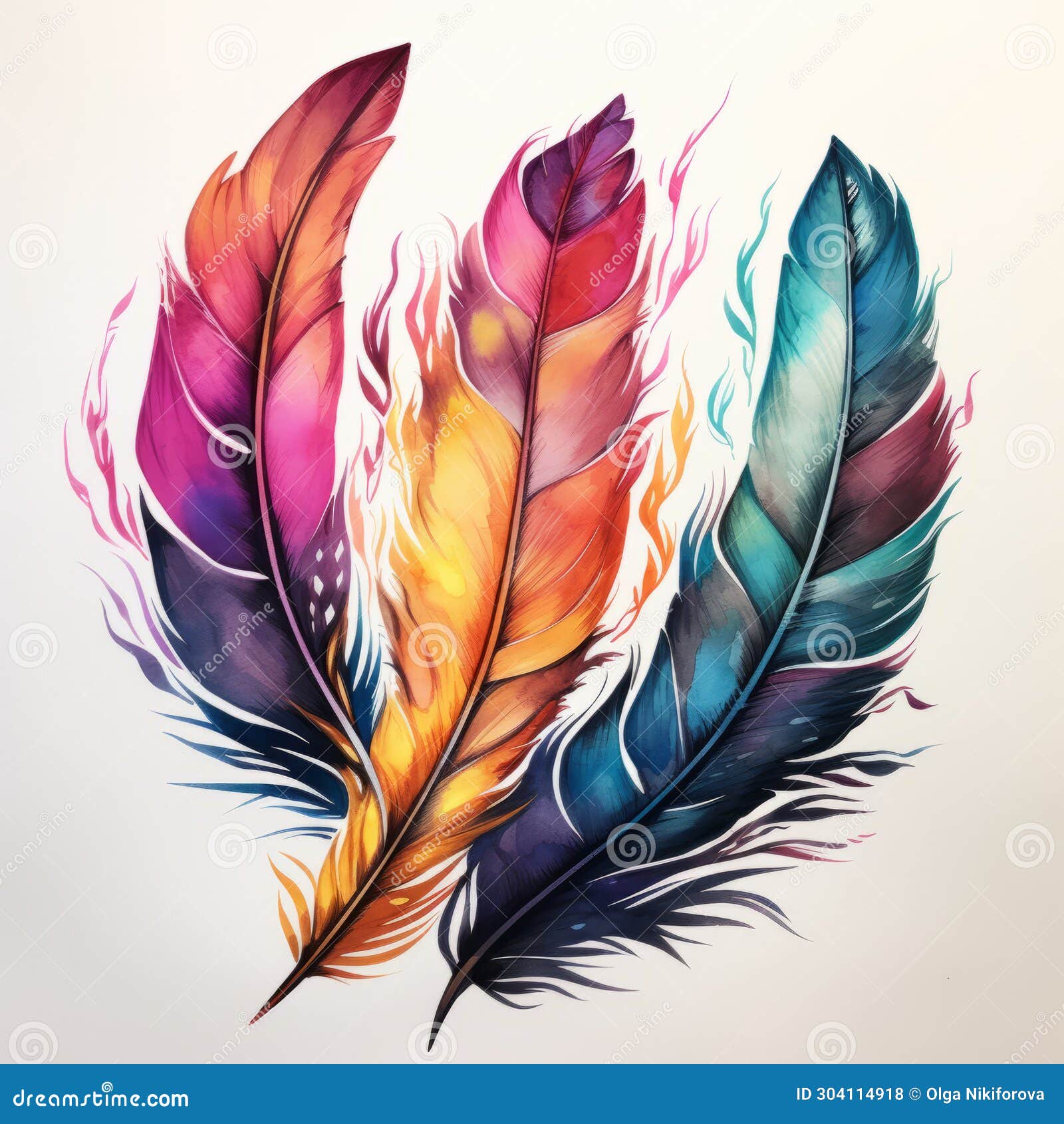 Watercolor Exotic Bird Feathers. Multi-colored Feathers Stock ...