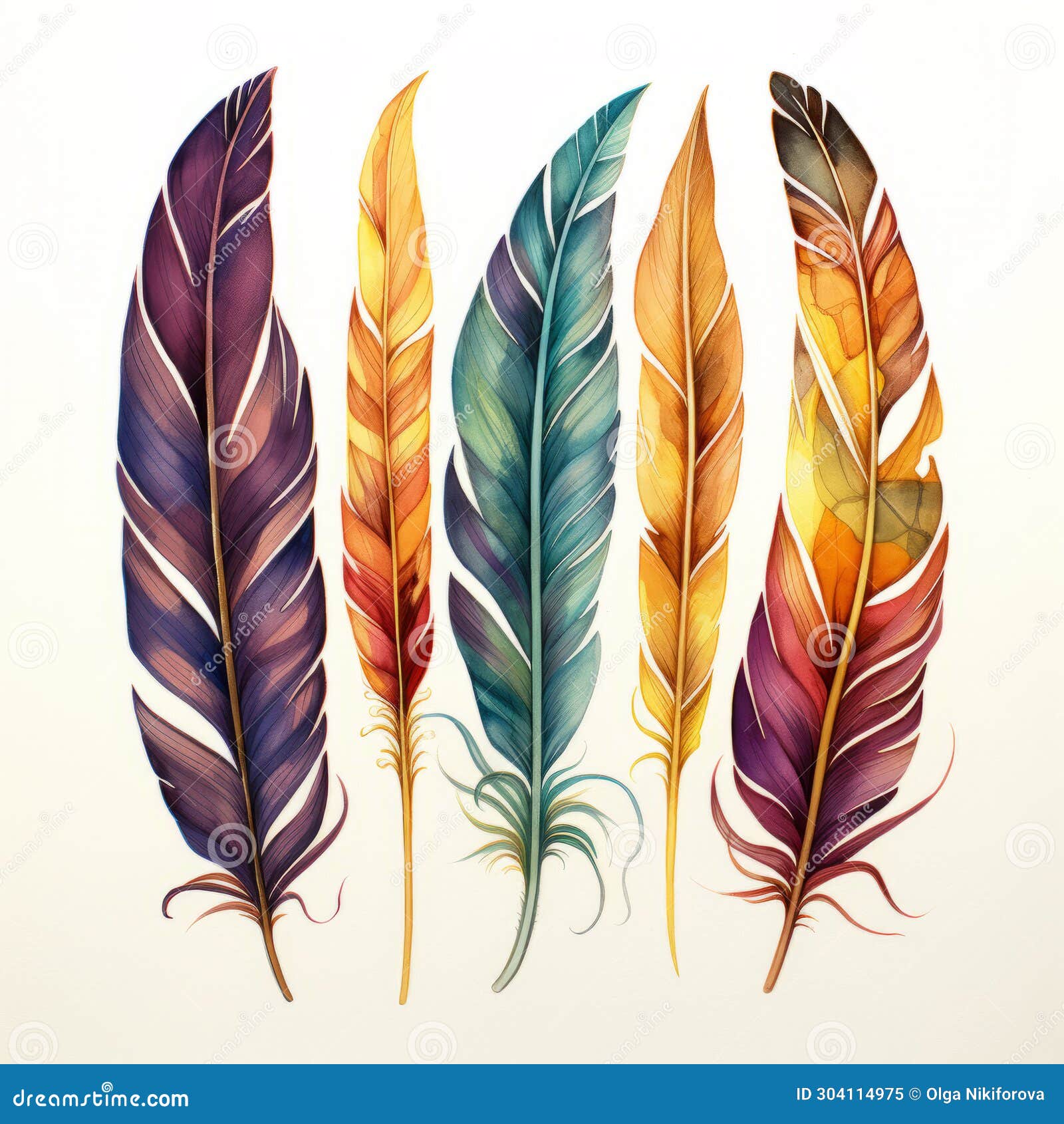 Watercolor Exotic Bird Feathers. Multi-colored Feathers Stock ...