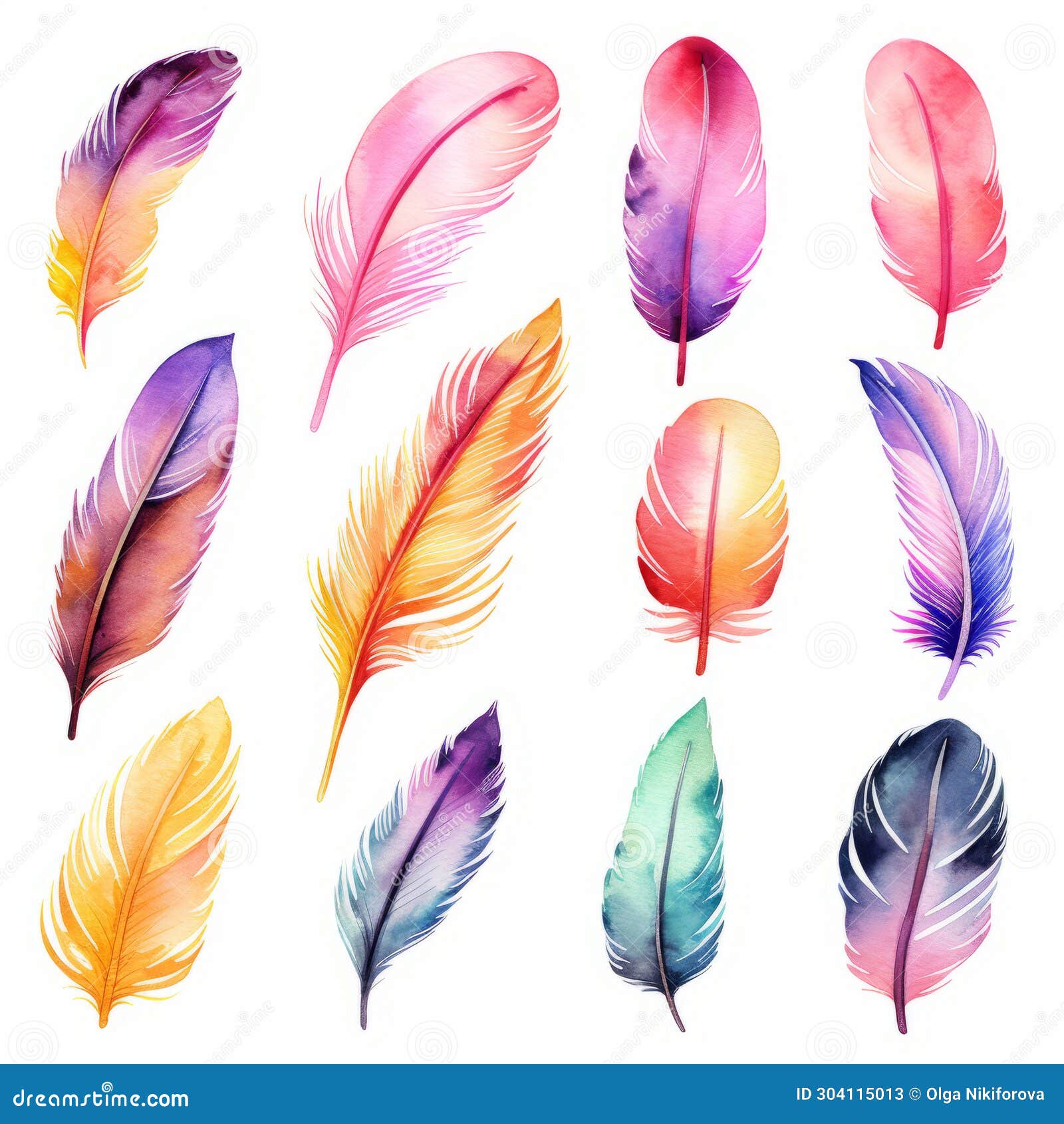 Watercolor Exotic Bird Feathers. Multi-colored Feathers Stock ...
