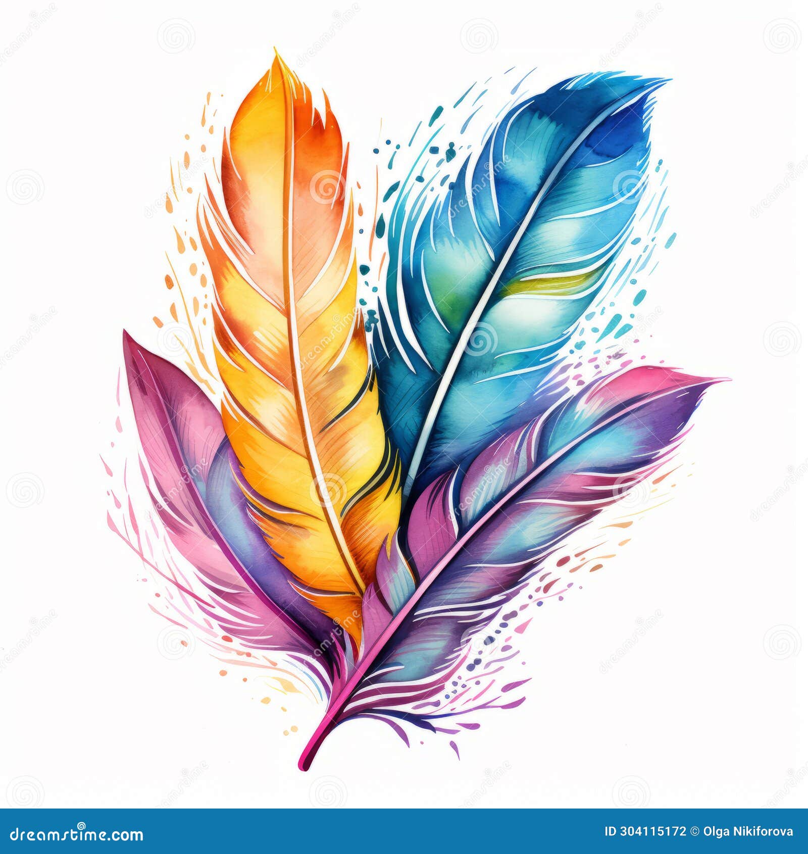 Watercolor Exotic Bird Feathers. Multi-colored Feathers Stock ...