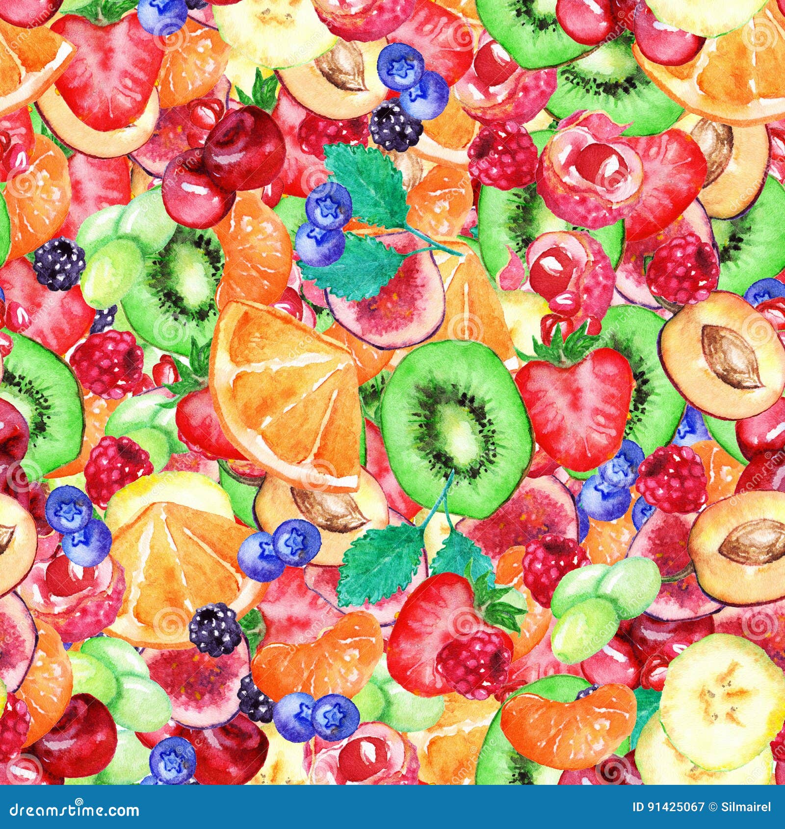Watercolor Exotic Fruit Berry Slice Seamless Pattern Texture Background ...