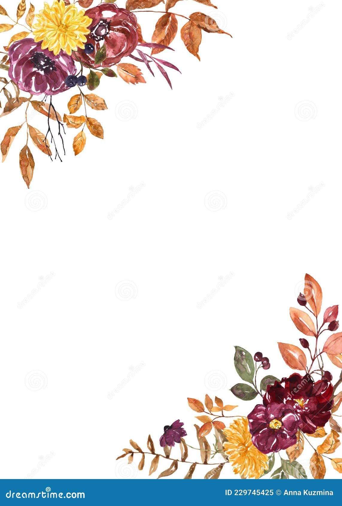 Watercolor Fall Floral Frame, Invitation Template with Hand Painted Red ... Watercolor Fall Floral Frame, Invitation Template with Hand Painted Red ...
