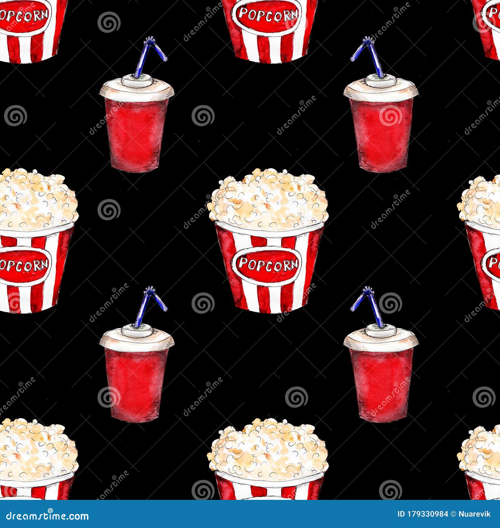 Watercolor Fast Food Icons Set Seamless Pattern Stock Illustration ...