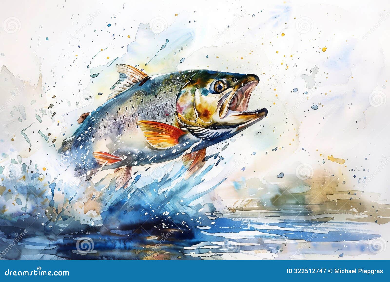 Watercolor of a Fish Jumping Out of the Water Surface Stock ...