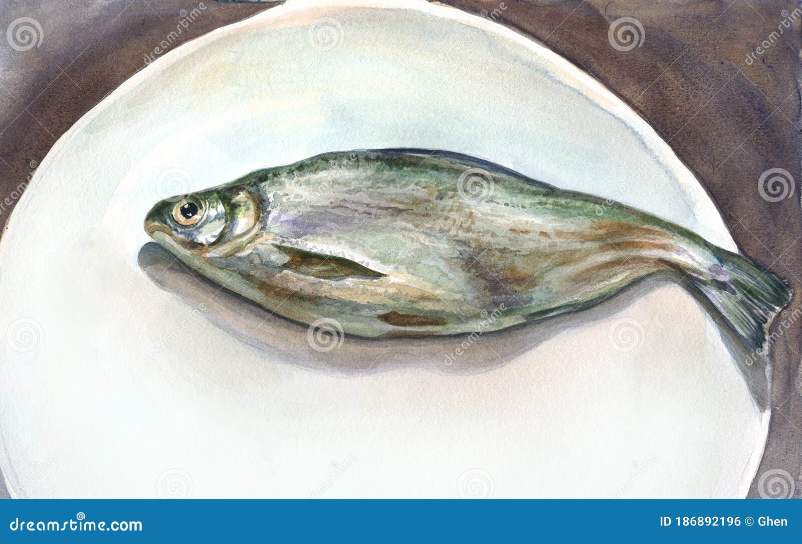 Watercolor Fish on White Plate Stock Photo - Image of herring, market ...