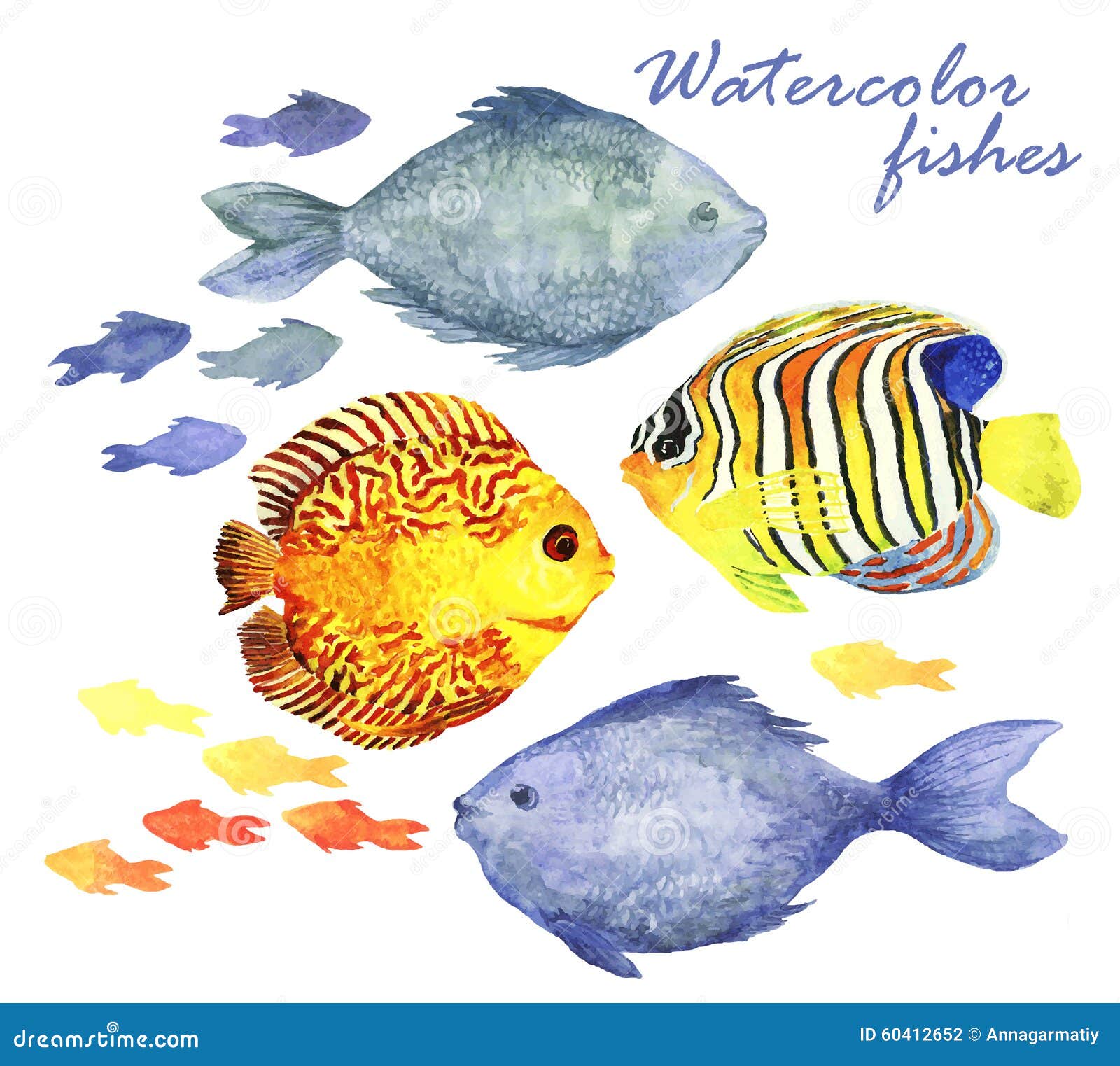 Watercolor Fishes On A White Background. Cartoon Illustration, Isolated ...