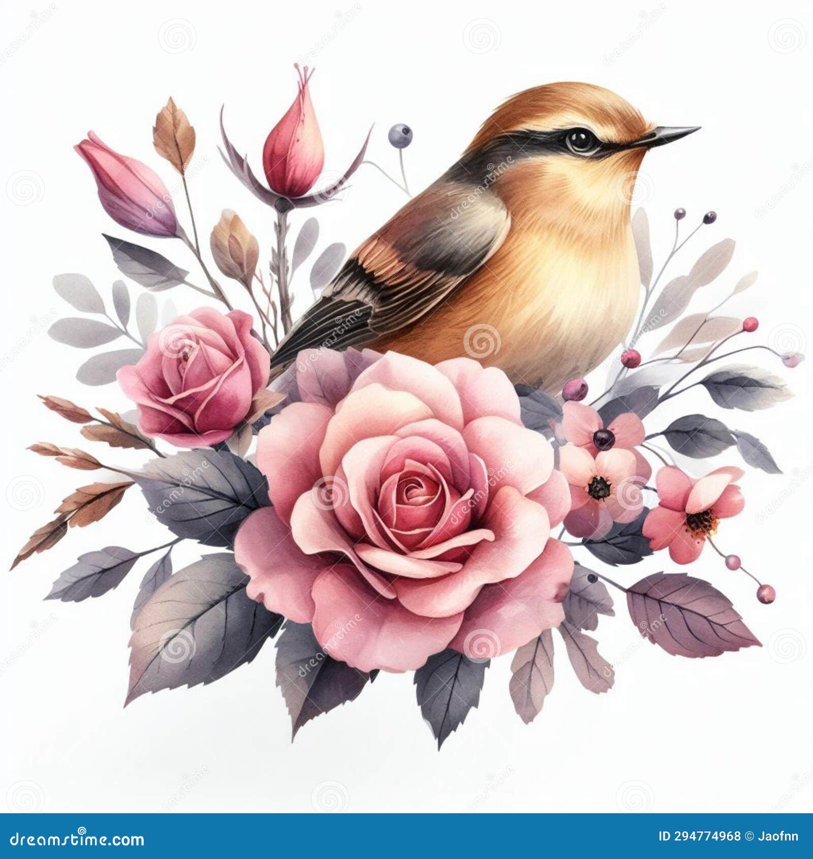 Watercolor Floral Composition with Bird and Roses. Stock Illustration ...