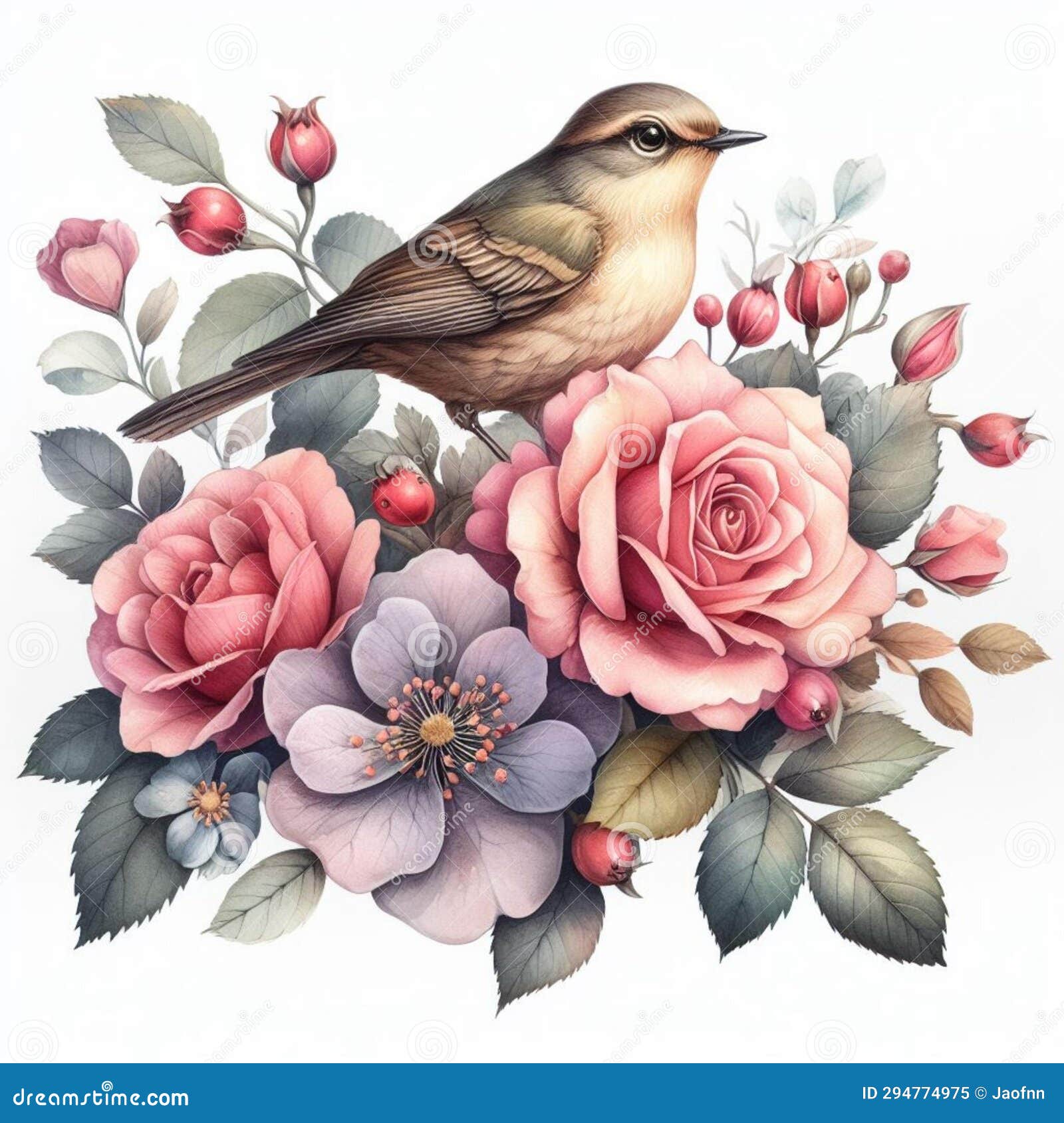 Watercolor Floral Composition with Bird and Roses. Stock Illustration ...